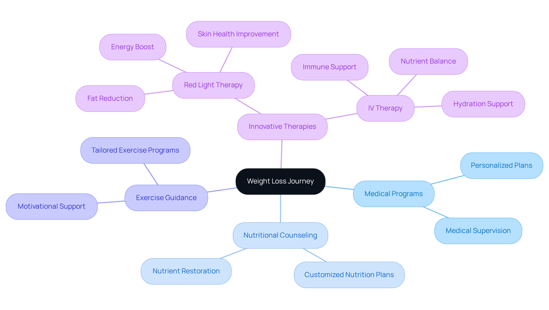 This mindmap illustrates the various services available for a successful weight loss journey. Start at the center with the main theme, then explore each branch to see how different services contribute to your overall health and wellness.