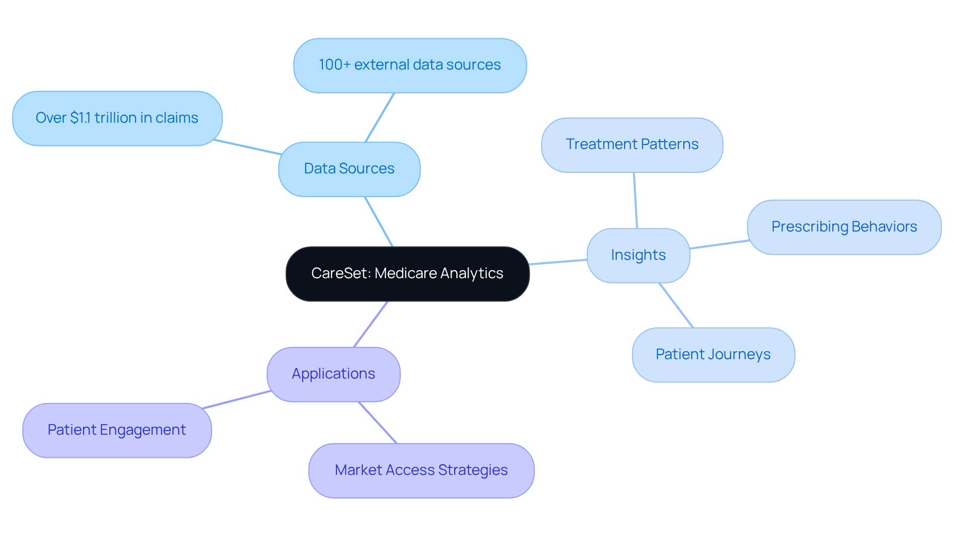 Start in the center with CareSet's main focus. Each branch represents a key area of their analytics — follow the branches to see how data sources lead to important insights and practical applications in the pharmaceutical sector.