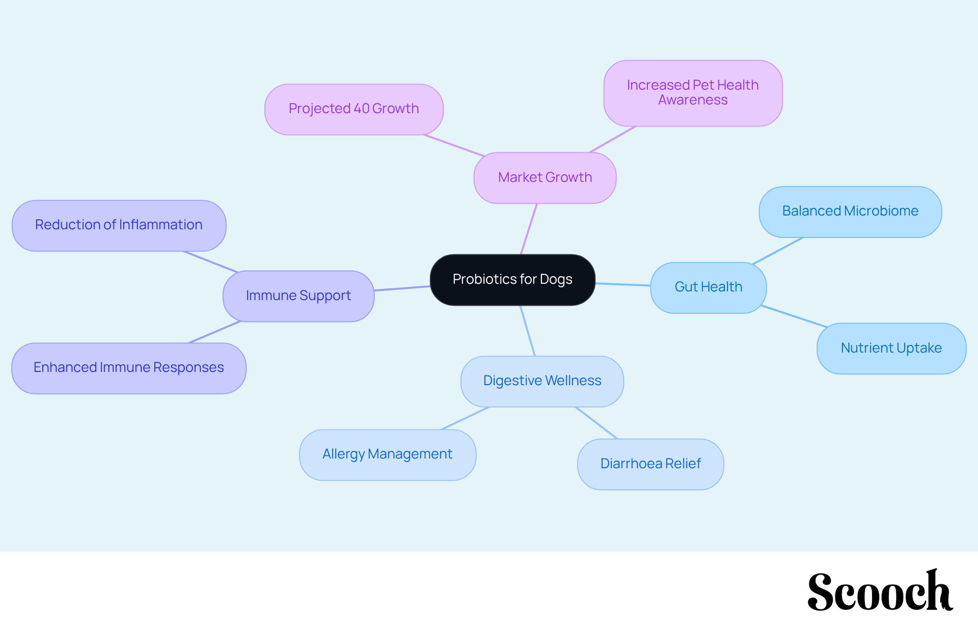 The center represents the main subject of probiotics for dogs, with branches detailing specific benefits and related concepts. Each color-coded branch helps you identify different aspects of how probiotics contribute to canine health. The center represents the main subject of probiotics for dogs, with branches detailing specific benefits and related concepts. Each color-coded branch helps you identify different aspects of how probiotics contribute to canine health.
