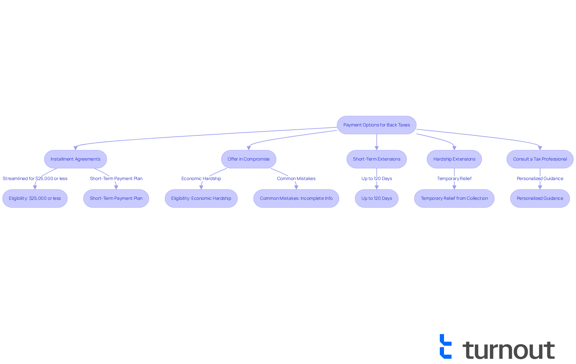 This flowchart guides you through various options for managing back taxes. Each path leads to a different payment method, providing insights into what you might qualify for and how to proceed. Follow the arrows to explore each option and find the best fit for your financial situation.