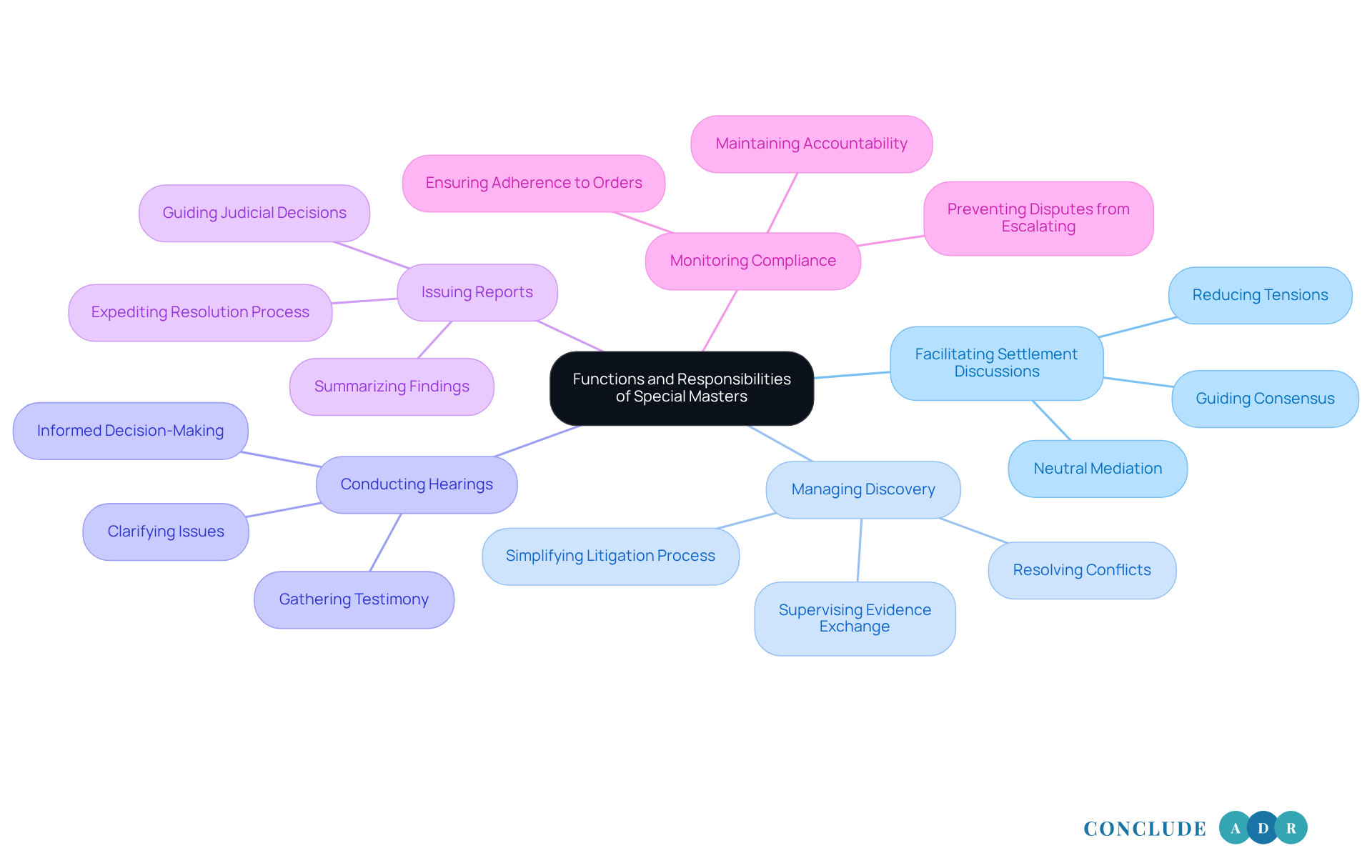 The central node represents the overarching topic, while each branch highlights a specific responsibility. Follow the branches to understand how special masters contribute to the legal process in various ways.
