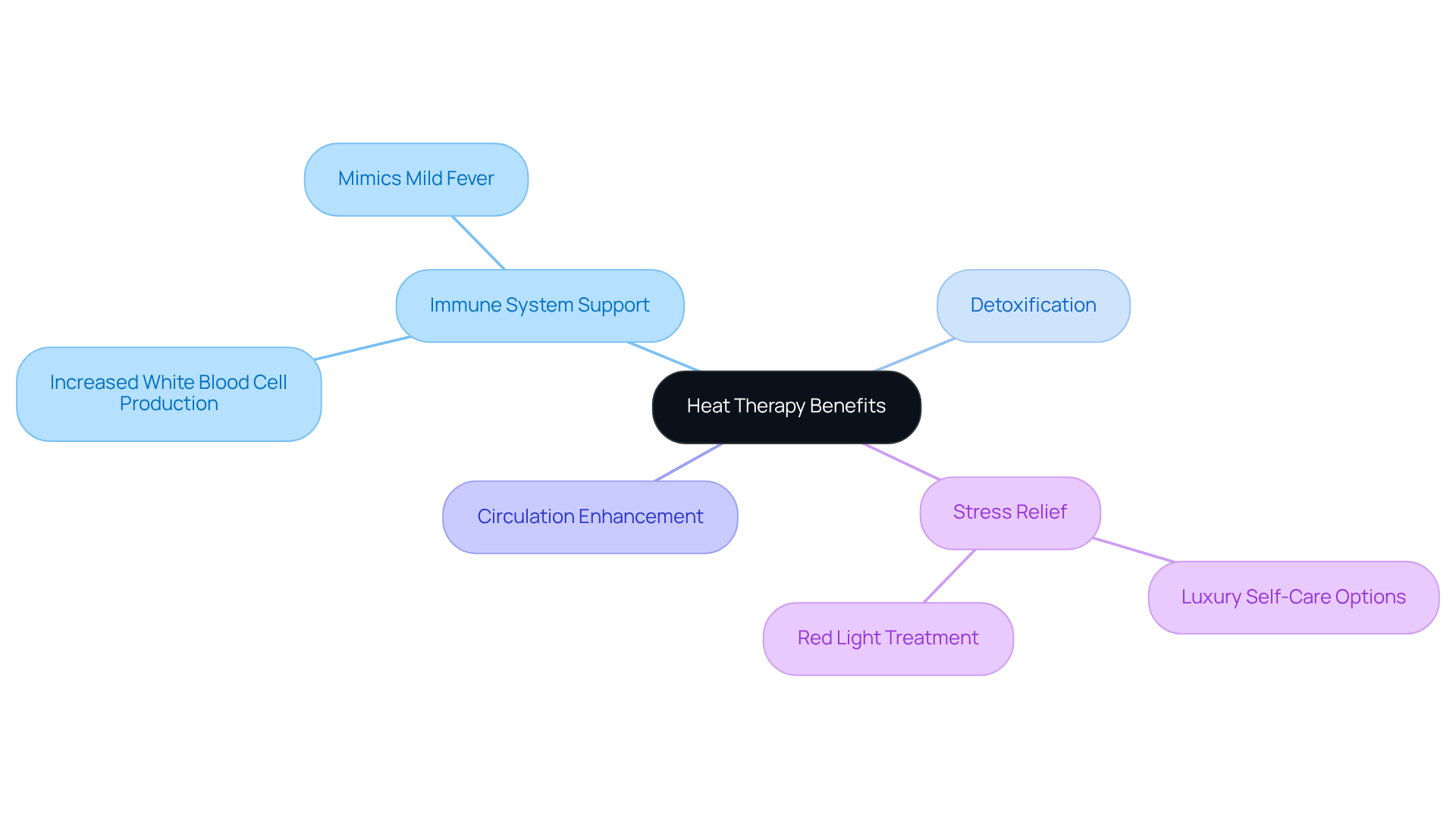 The center shows heat therapy's main benefits. Follow the branches to discover how it supports the immune system, detoxifies, enhances circulation, and alleviates stress, all vital for maintaining health in high-pressure environments.