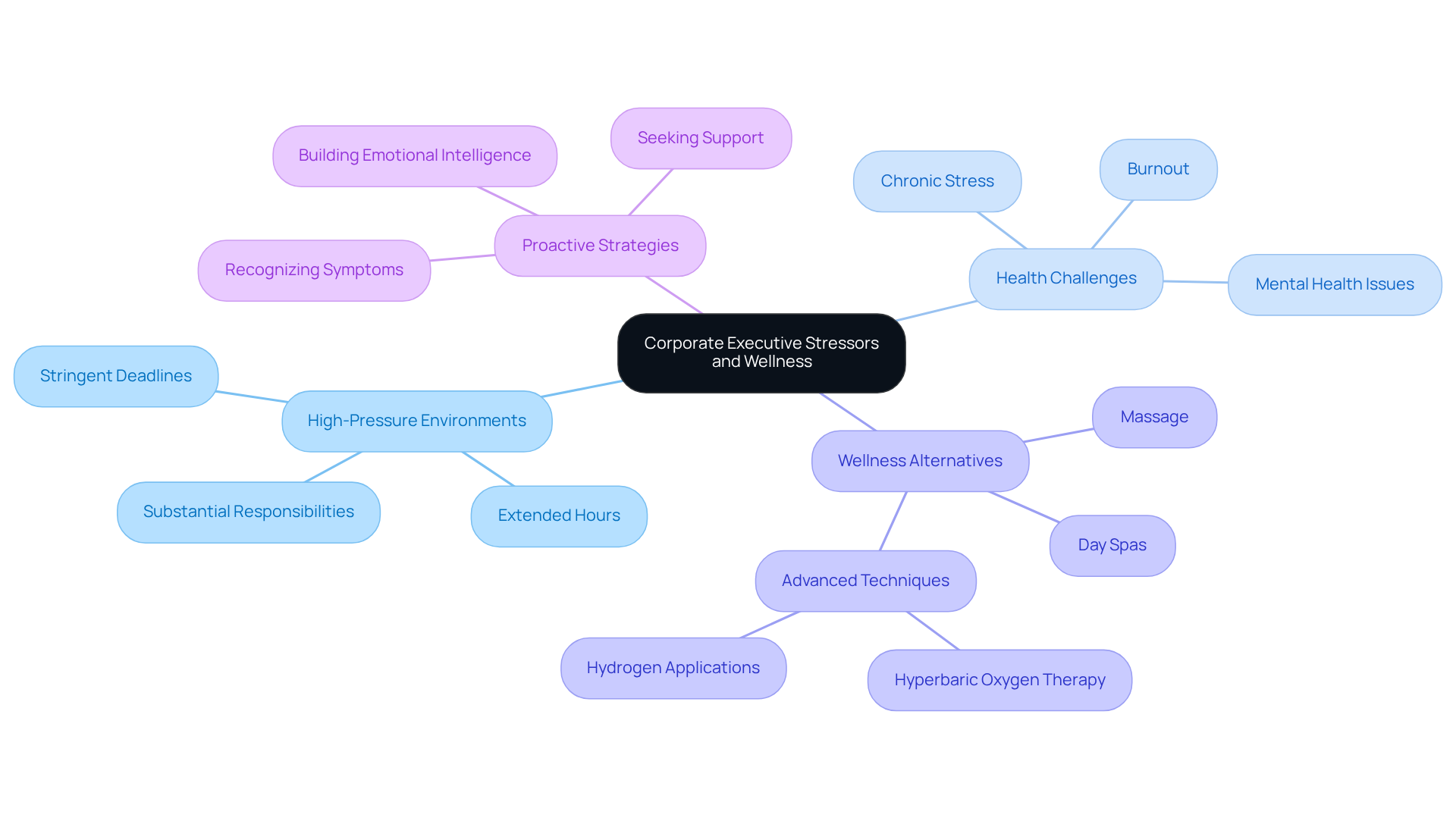 The center node represents the overall topic of stressors and wellness for executives. Follow the branches to see specific stress factors and the corresponding wellness strategies designed to combat these challenges. The center node represents the overall topic of stressors and wellness for executives. Follow the branches to see specific stress factors and the corresponding wellness strategies designed to combat these challenges.