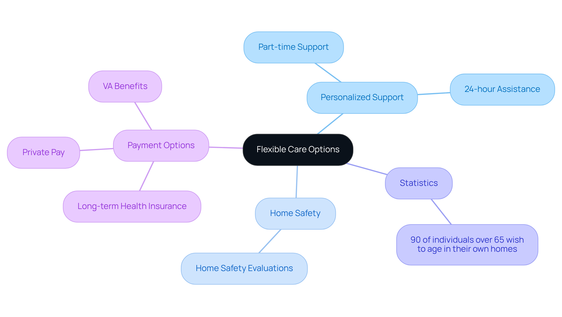 The center shows the main topic, and each branch represents a key aspect of care options for older adults. Dive into each area to see more details about services, safety, and how to pay for care.