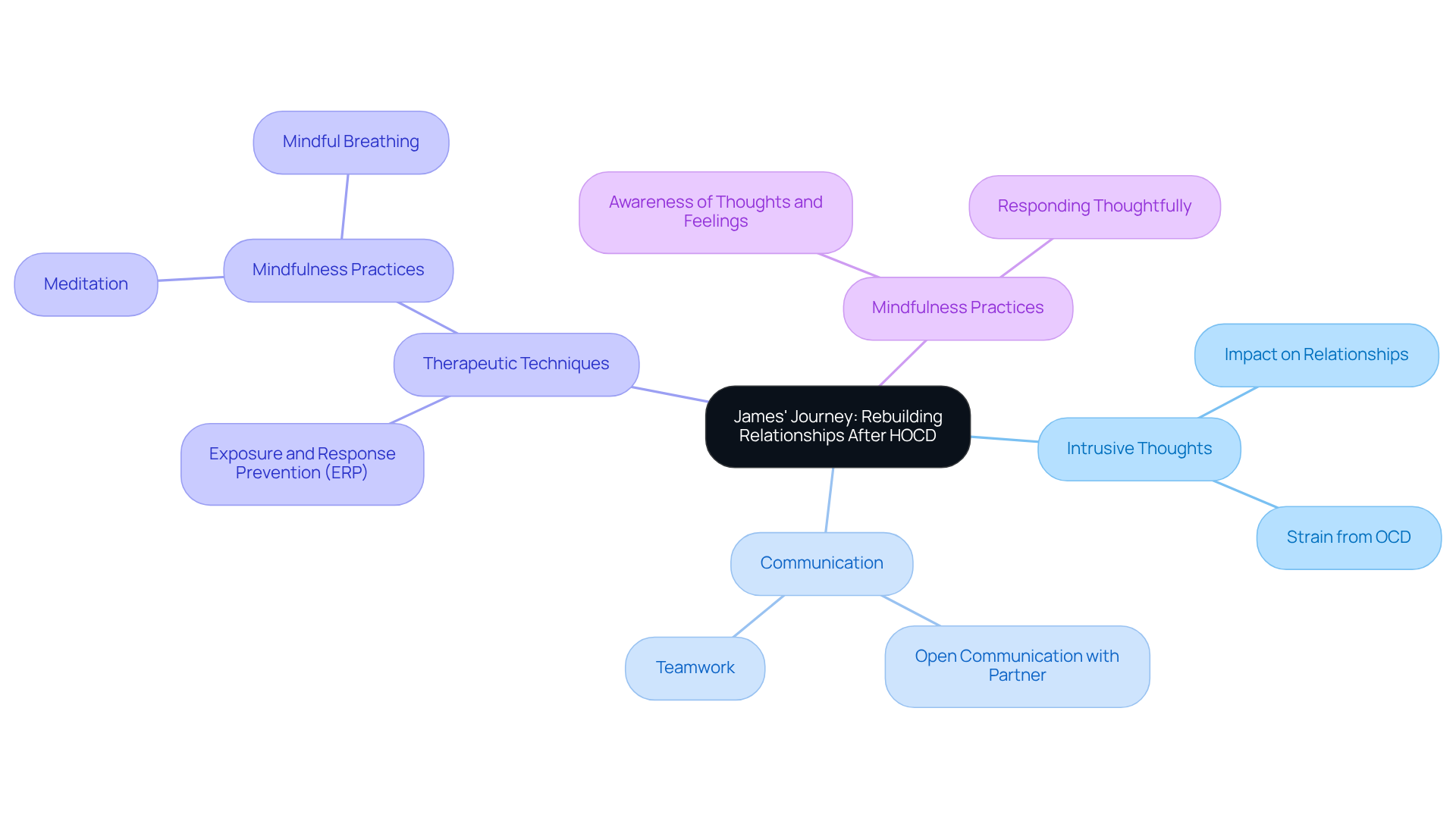This mindmap illustrates James' journey and the various elements that contributed to rebuilding his relationships. Each branch represents a key theme, and the sub-branches provide more detail on specific aspects of his experience. Follow the branches to see how different elements connect and support each other in the healing process.