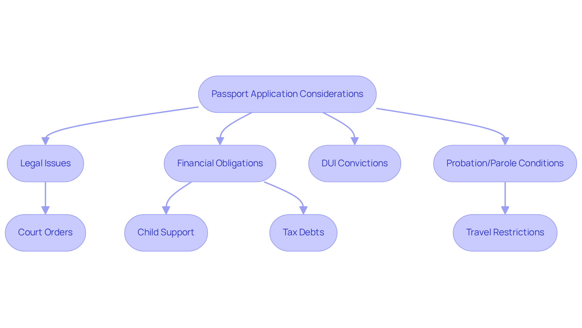 This flowchart helps you understand the various factors that can affect your passport application. Each box represents a different consideration, and the arrows show how they connect. Start at the top and follow the flow to see what you need to address for a smoother application process.