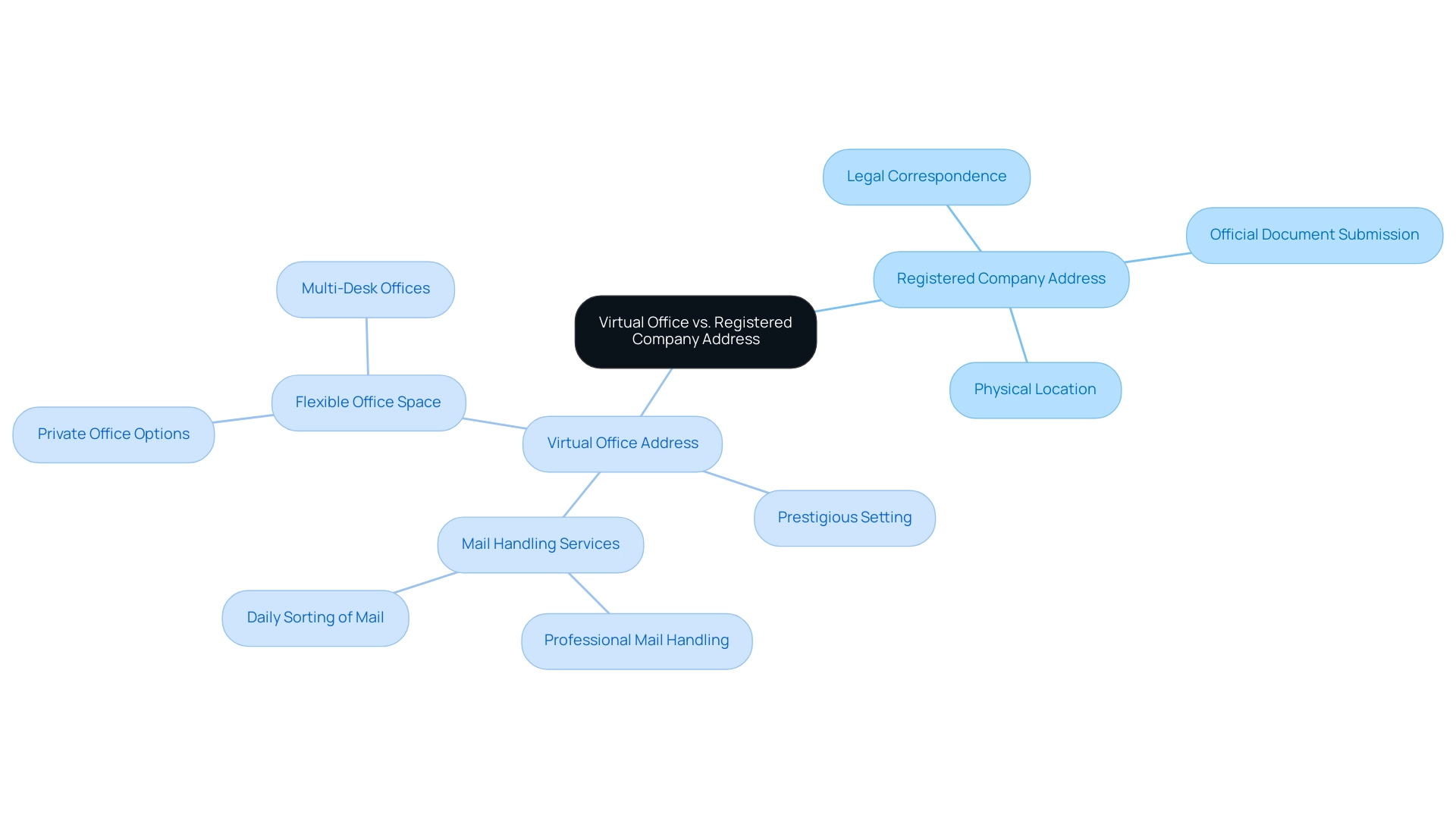 The central node represents the comparison topic, primary branches differentiate between address types, and sub-branches detail specific characteristics and services related to each.