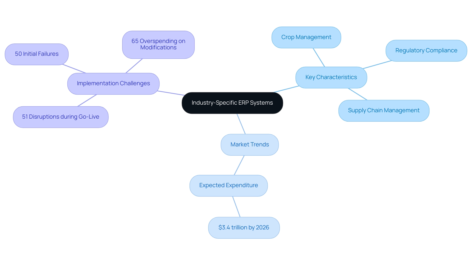 Each branch represents a category related to industry-specific ERP systems, with sub-branches detailing specific characteristics, trends, and challenges.