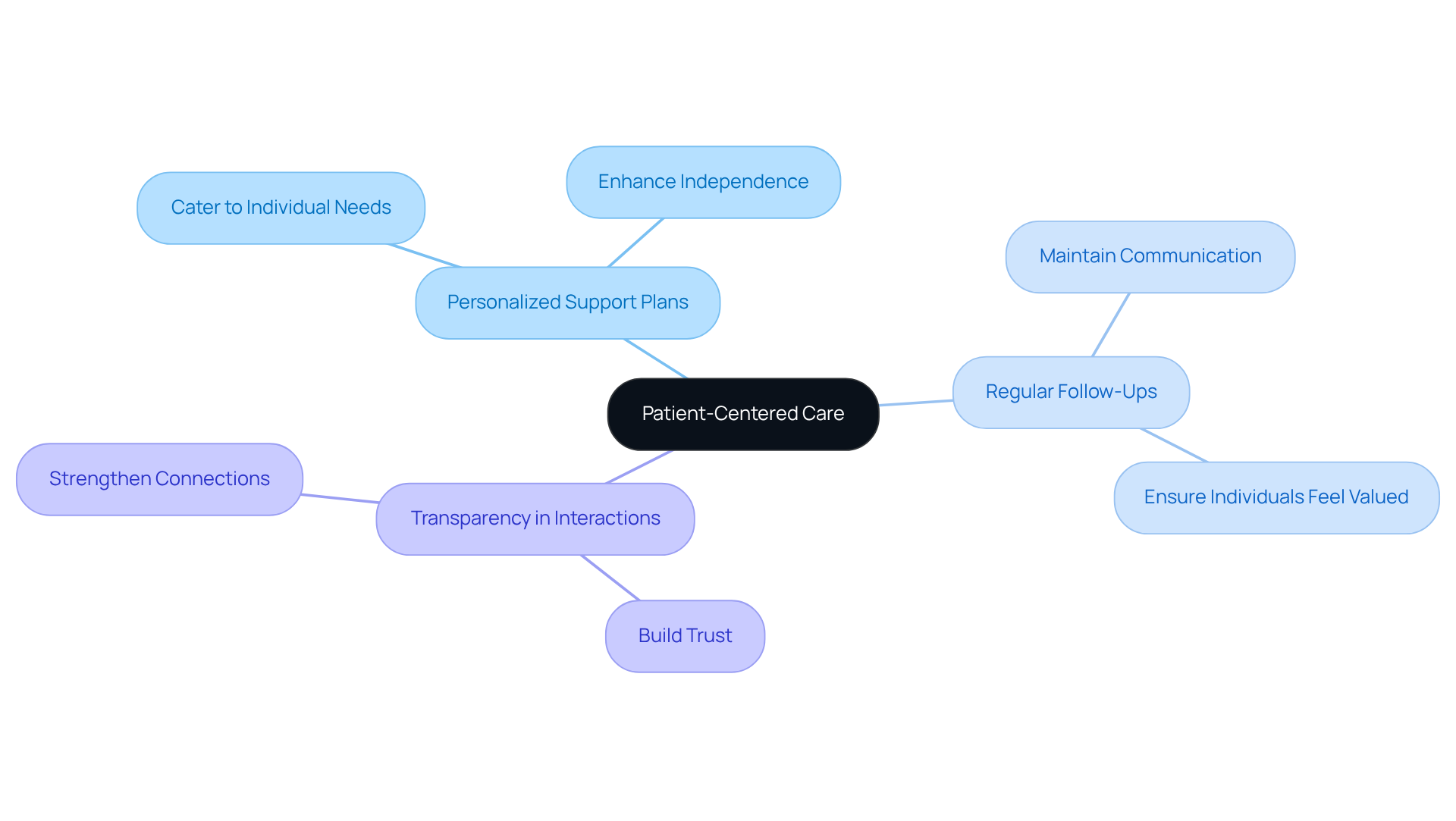 The center represents the main focus on patient-centered care, while the branches show the strategies that support this approach. Each branch highlights how these strategies contribute to fostering loyalty and improving patient experiences.