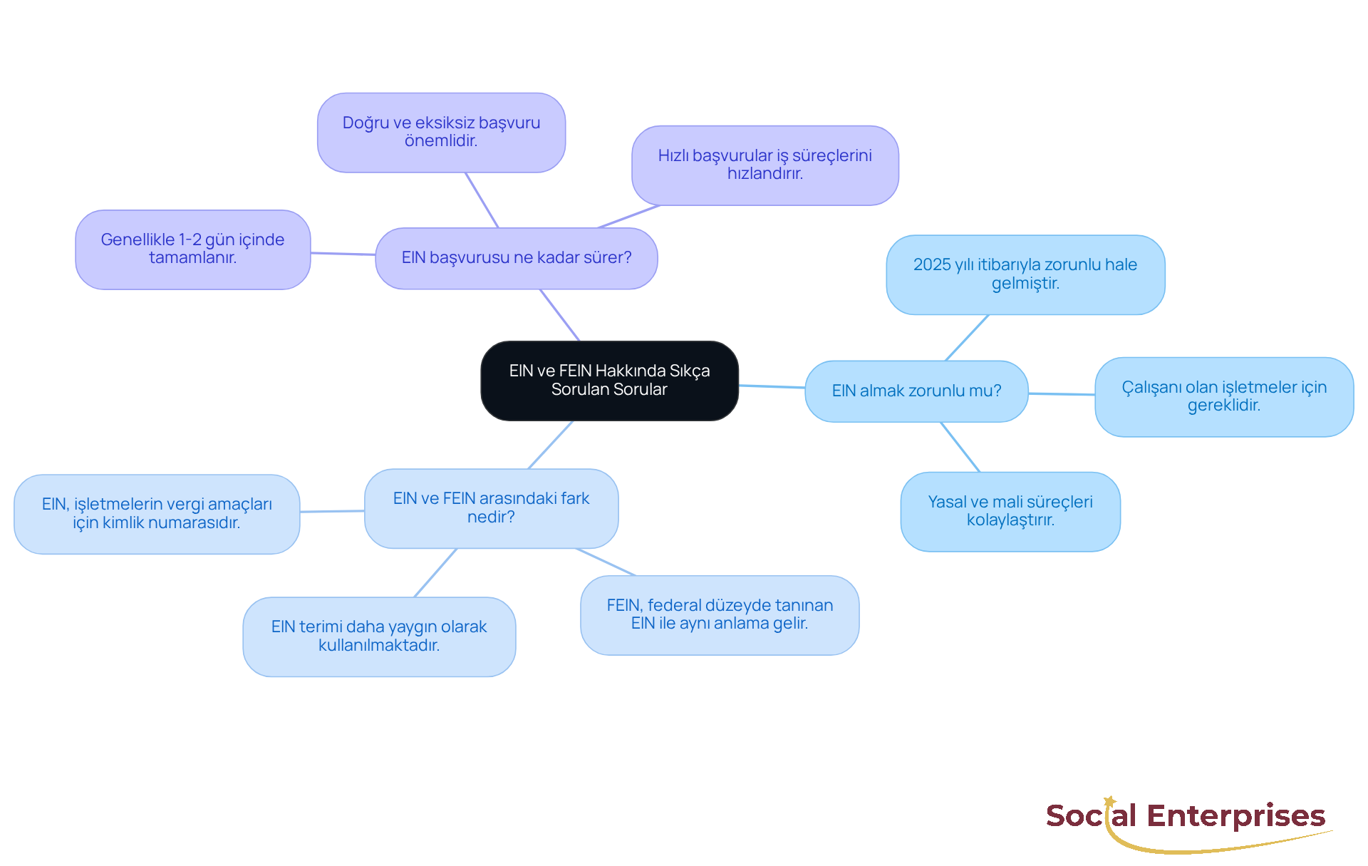 Merkezde EIN ve FEIN ile ilgili ana konu var. Dallar, sıkça sorulan soruları ve her sorunun altında detaylı açıklamaları gösteriyor. Her bir dalın rengi, konunun farklı yönlerini ayırt etmeye yardımcı oluyor. Merkezde EIN ve FEIN ile ilgili ana konu var. Dallar, sıkça sorulan soruları ve her sorunun altında detaylı açıklamaları gösteriyor. Her bir dalın rengi, konunun farklı yönlerini ayırt etmeye yardımcı oluyor.