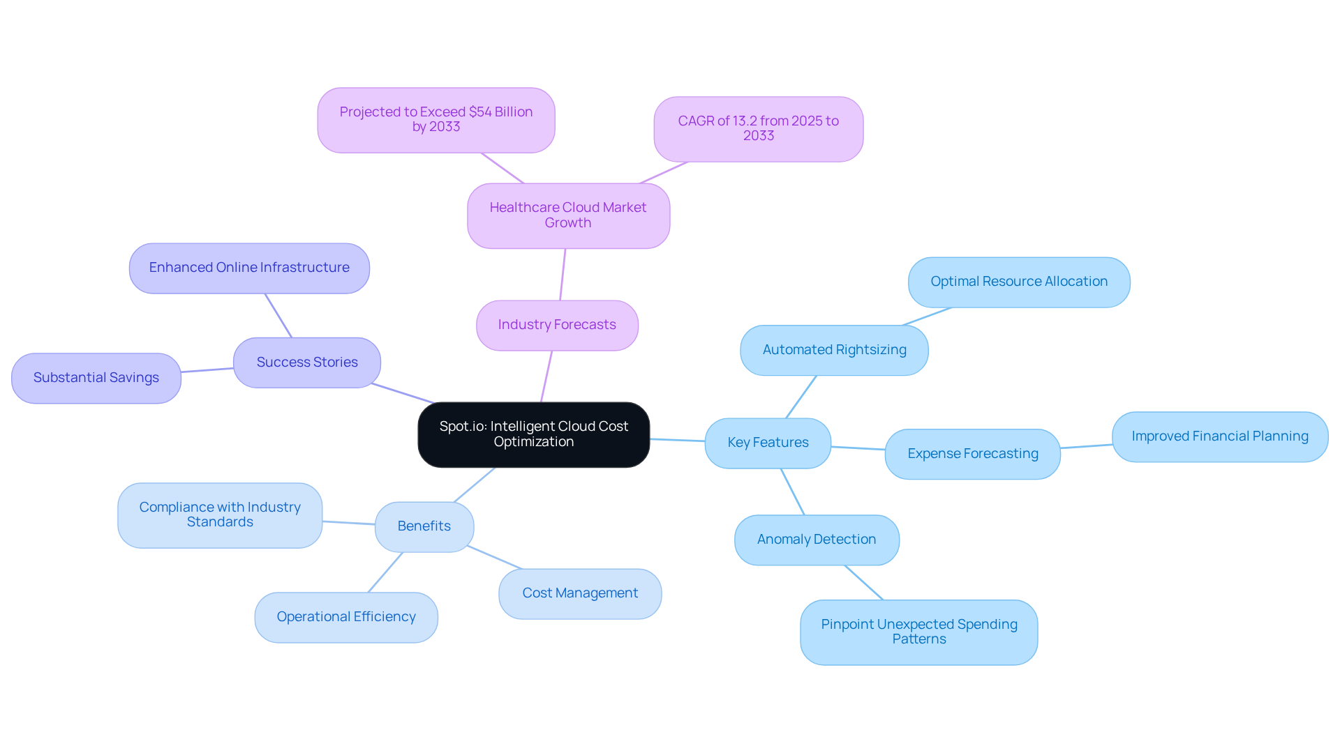 Start at the center with Spot.io's main focus, then explore the branches to see its key features and how they help medical organizations manage costs effectively.