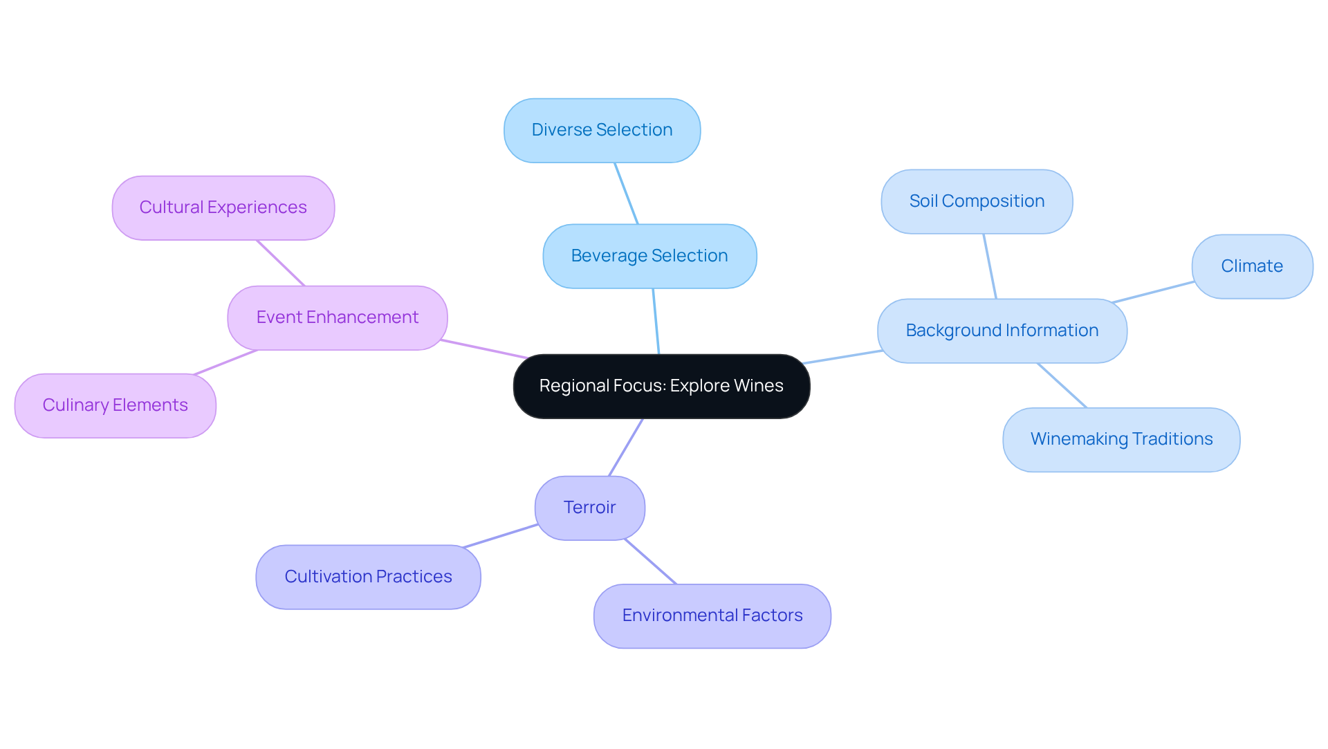 The central node represents the main idea of exploring wines from a specific region, while the branches detail the important aspects that contribute to a richer tasting experience.