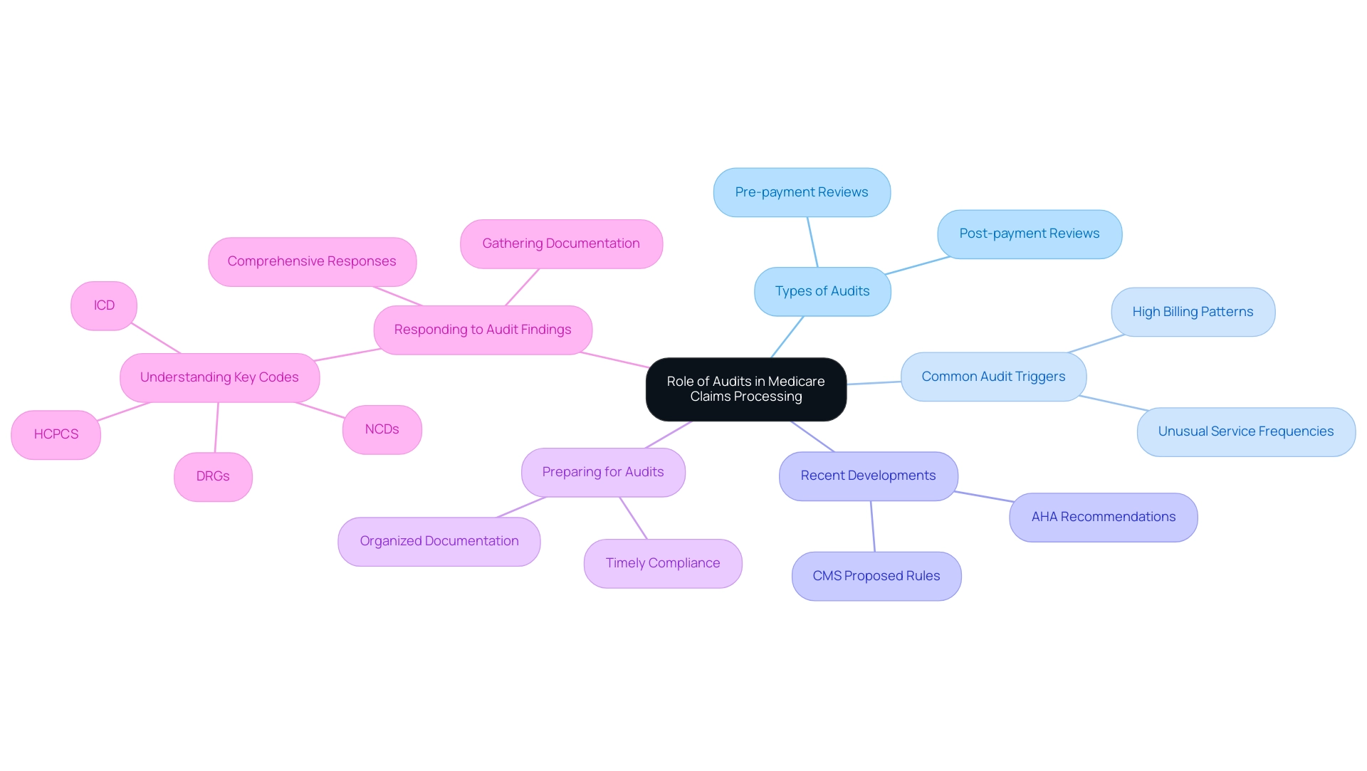 The central node represents the overall role of audits, with branches indicating the main categories and their respective subtopics.