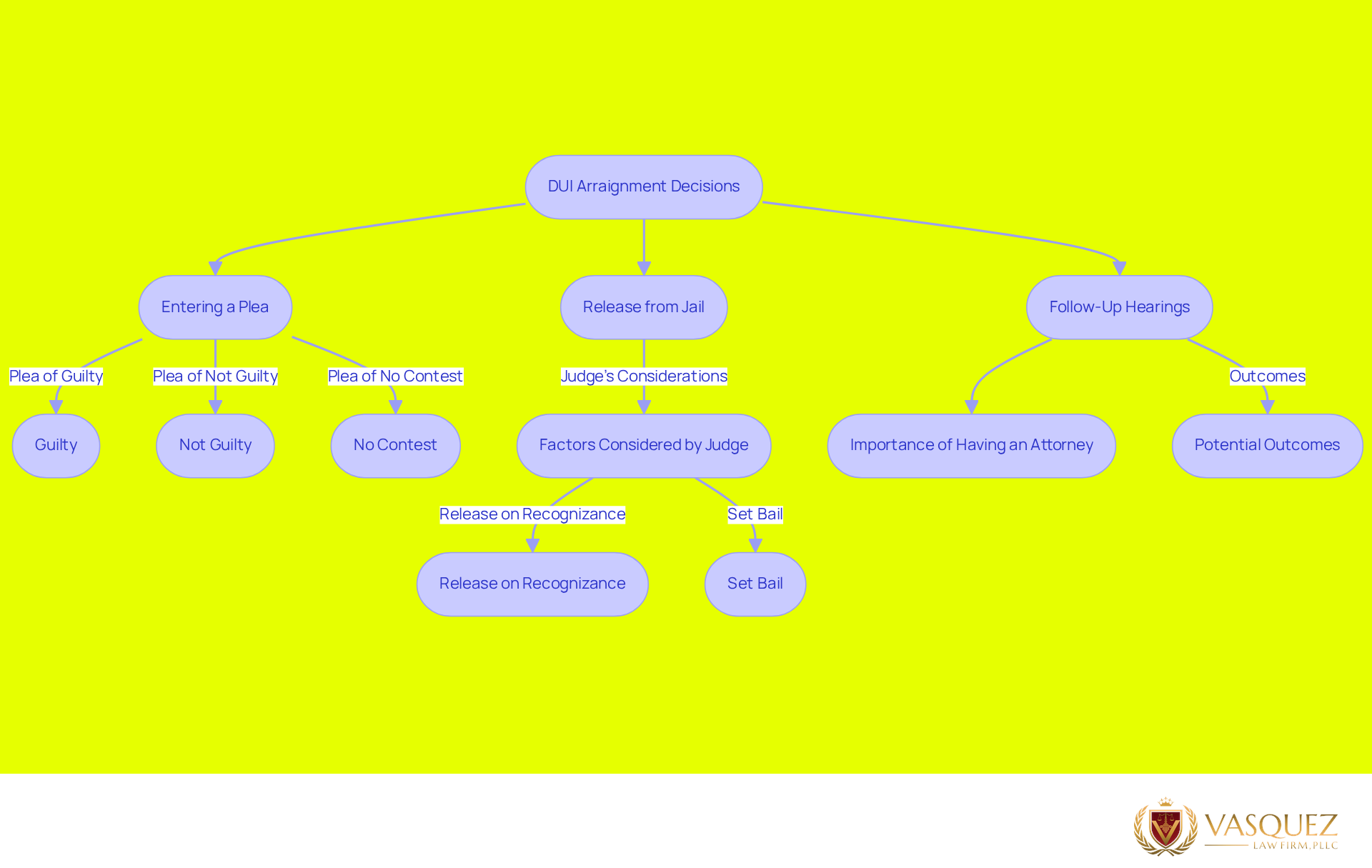 This flowchart guides you through the critical decisions you face during a DUI arraignment. Start at the top with the main decision point, then follow the arrows to see your options for entering a plea, what to expect regarding release from jail, and the importance of follow-up hearings. Each box provides a brief explanation to help you understand your choices. This flowchart guides you through the critical decisions you face during a DUI arraignment. Start at the top with the main decision point, then follow the arrows to see your options for entering a plea, what to expect regarding release from jail, and the importance of follow-up hearings. Each box provides a brief explanation to help you understand your choices.