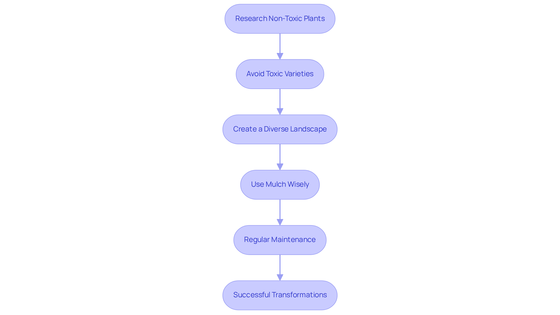 Each box represents a step in making your garden safe for dogs. Follow the arrows to see how to go from researching plants to maintaining a beautiful, pet-friendly space.