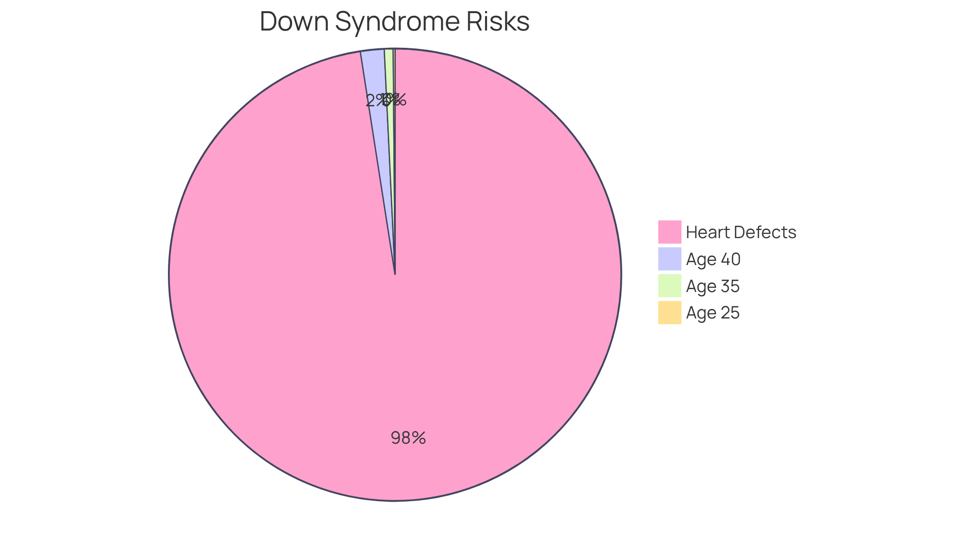 Each segment of the pie chart shows the likelihood of having a child with Down syndrome based on maternal age, as well as the percentage of infants with congenital heart defects. The larger the segment, the greater the risk or prevalence.