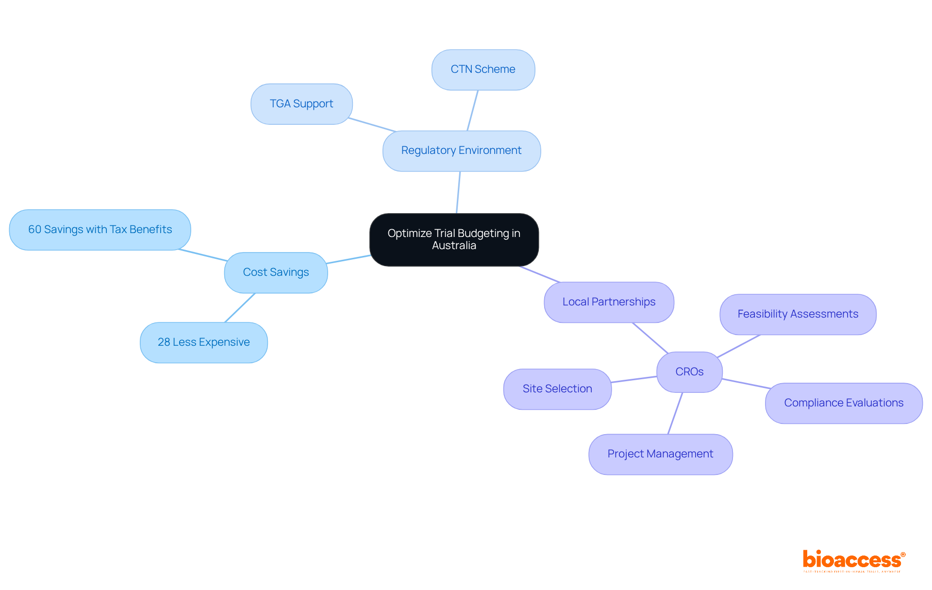 Start at the center with the main goal of optimizing trial budgeting, then follow the branches to explore cost savings, regulatory support, and local partnerships that enhance the process.
