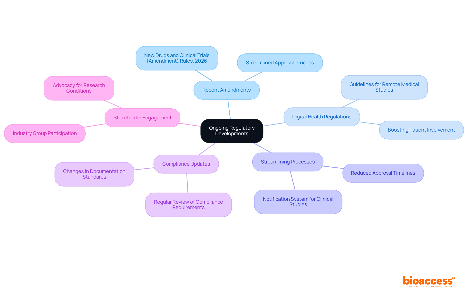 The central node represents the main topic, while each branch highlights a key area of focus. Follow the branches to explore specific details and understand how they relate to the overall regulatory landscape.