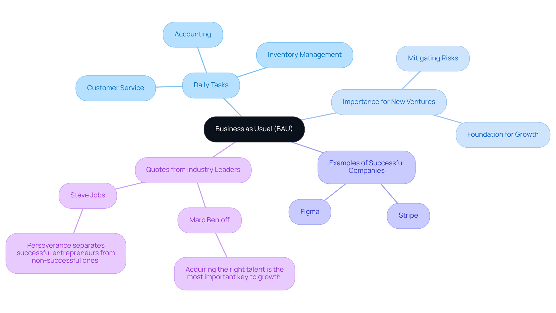 The central node represents BAU, while the branches show its key components. Each branch highlights an important aspect of BAU, helping you see how they all connect to support business operations and growth.