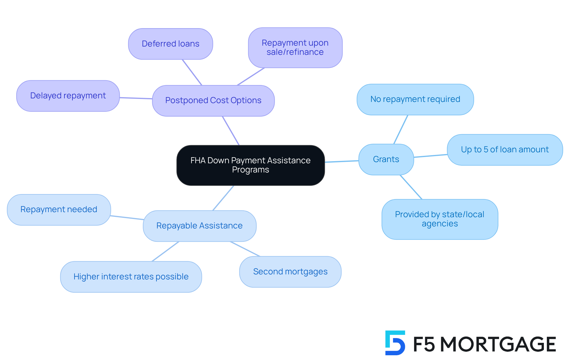 The central node represents the main topic, while the branches show different types of assistance available. Each sub-branch provides specific details about the features of each program, helping you understand your options for achieving homeownership.