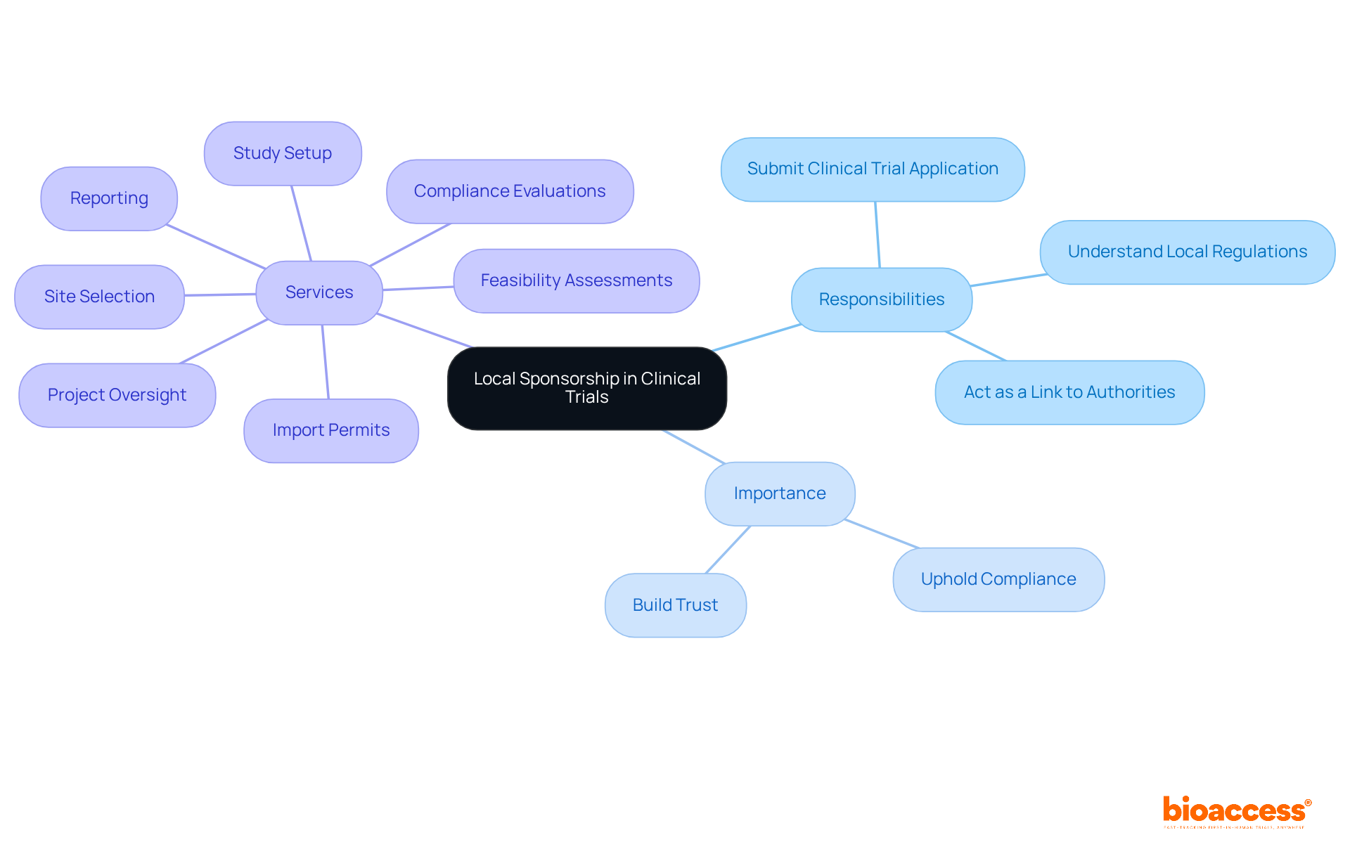 The central node represents the main topic, while branches show the key responsibilities, importance, and services of local sponsors. Each color-coded branch helps you quickly identify different aspects of local sponsorship.