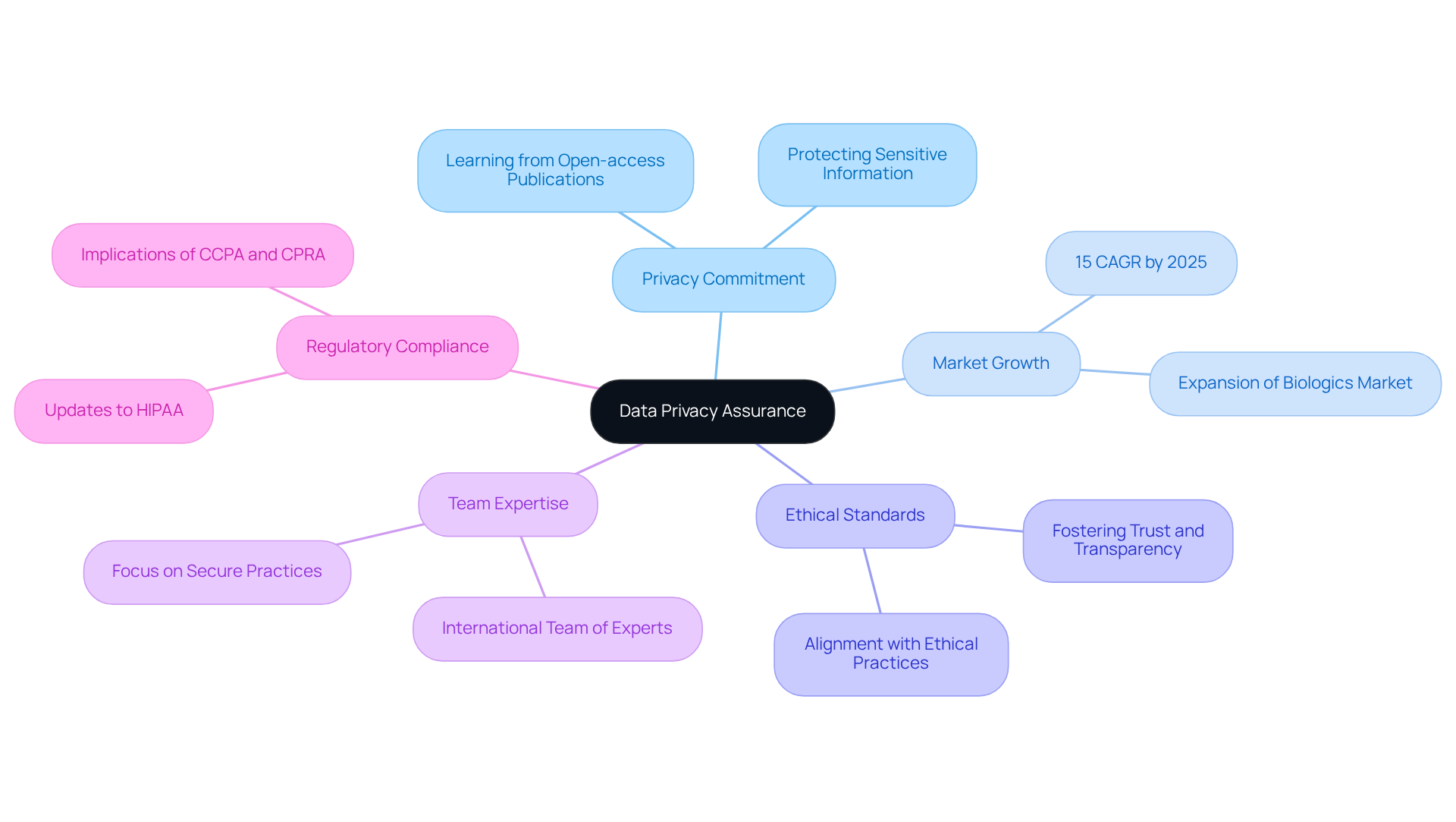 The central node represents the main theme of data privacy assurance, while the branches illustrate key areas of focus. Each sub-branch provides specific details that contribute to the overall commitment. The central node represents the main theme of data privacy assurance, while the branches illustrate key areas of focus. Each sub-branch provides specific details that contribute to the overall commitment.