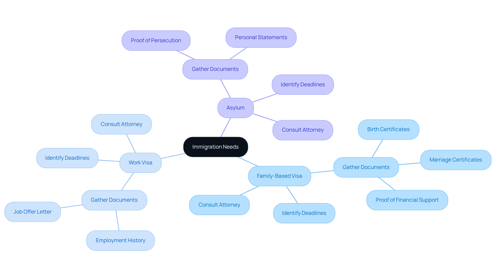 Start at the center with your immigration needs, then follow the branches to see the different visa types and the specific actions you can take to prepare.
