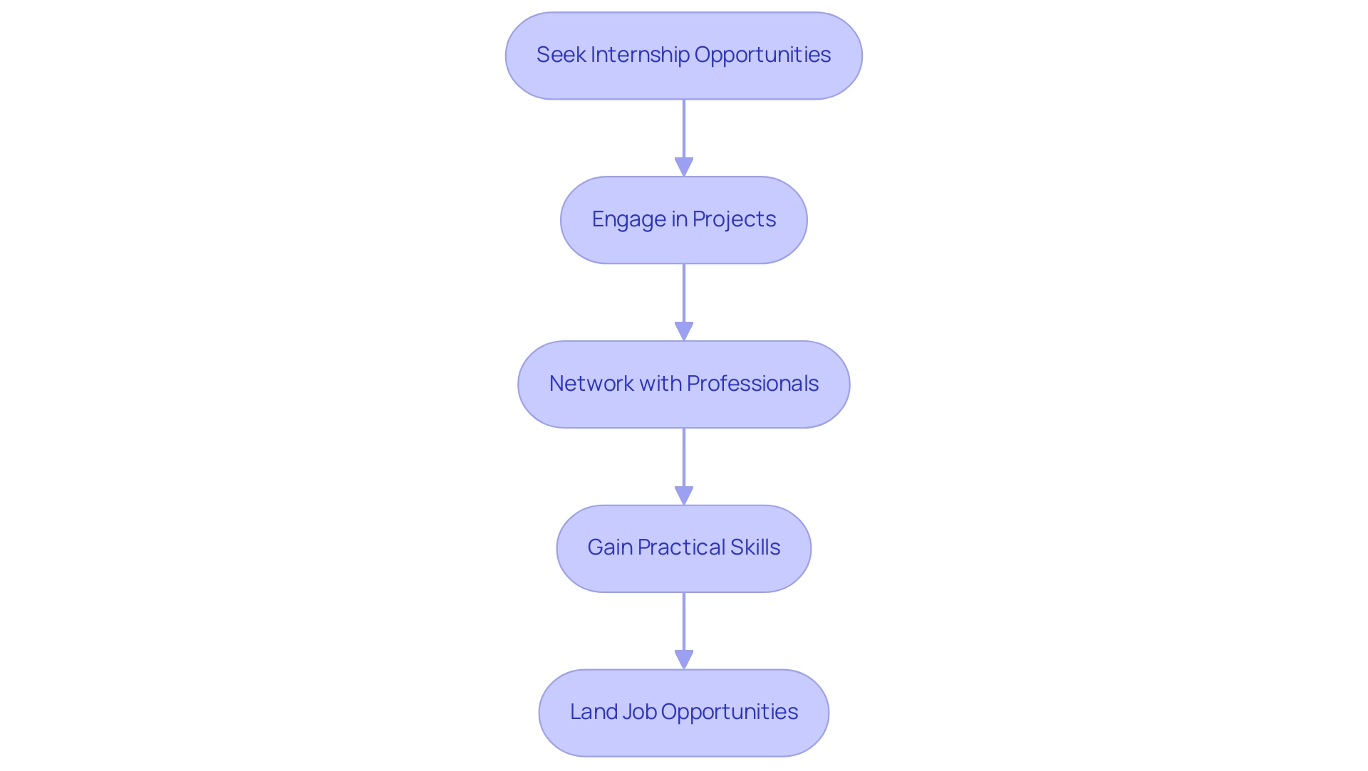 Each box represents a key step in the pathway to gaining practical experience, with arrows indicating the progression from seeking internships to securing job opportunities.