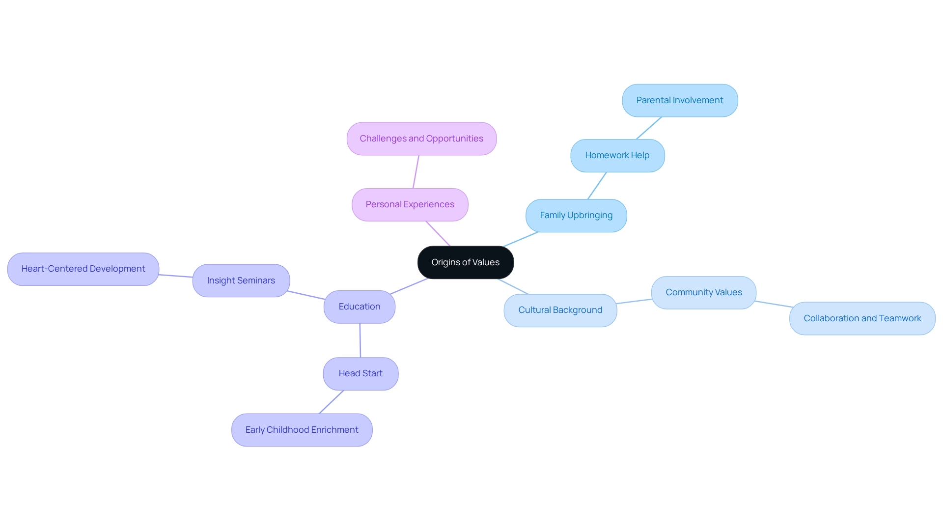 The central node represents the main topic of values. Each branch explores a different influence, and sub-branches provide examples or programs, helping you see how these factors shape our principles.