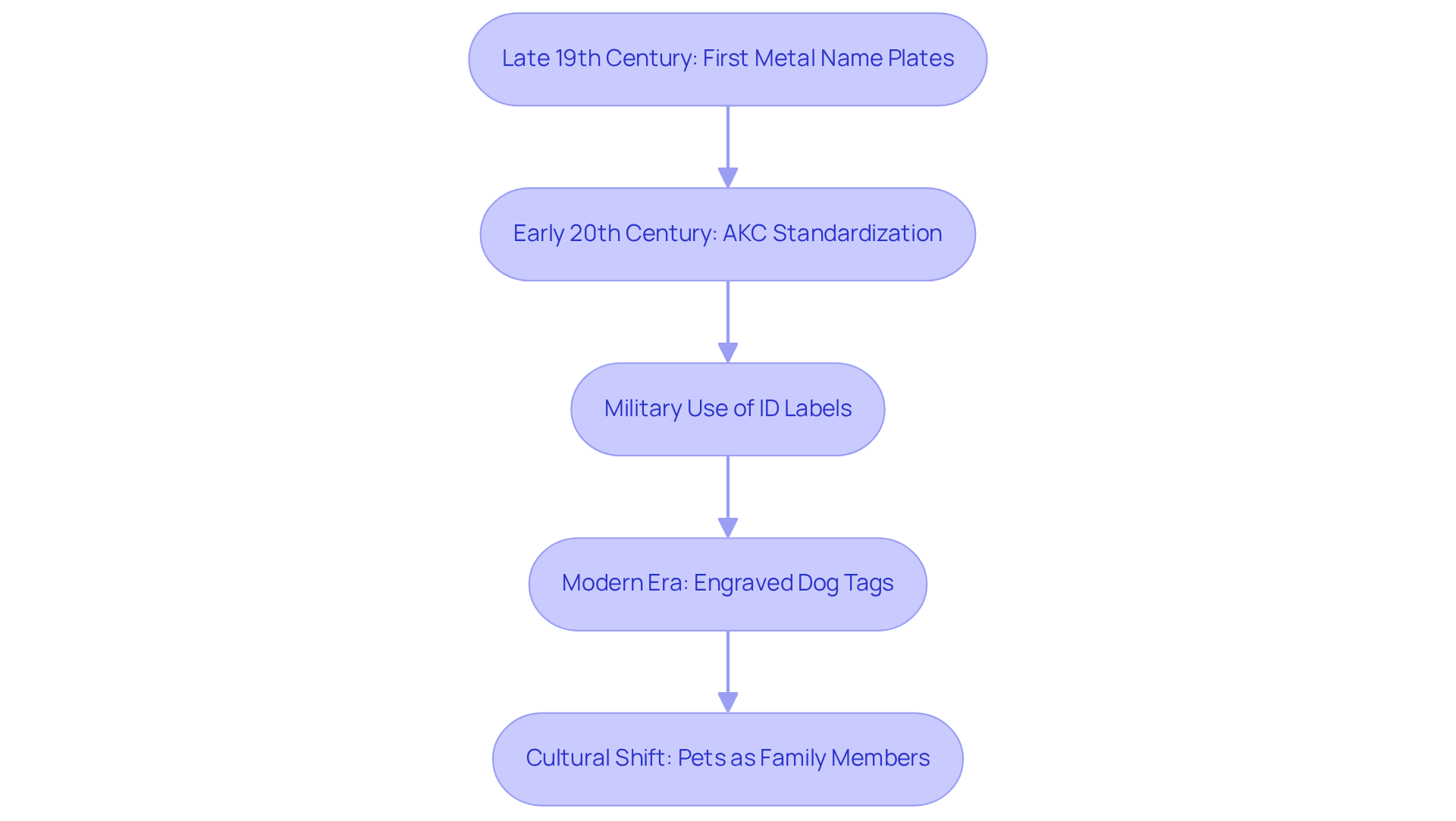 Each box represents a key milestone in the journey of dog tags. Follow the arrows to see how each stage leads to the next, illustrating the changing role of these important identifiers for our furry companions.