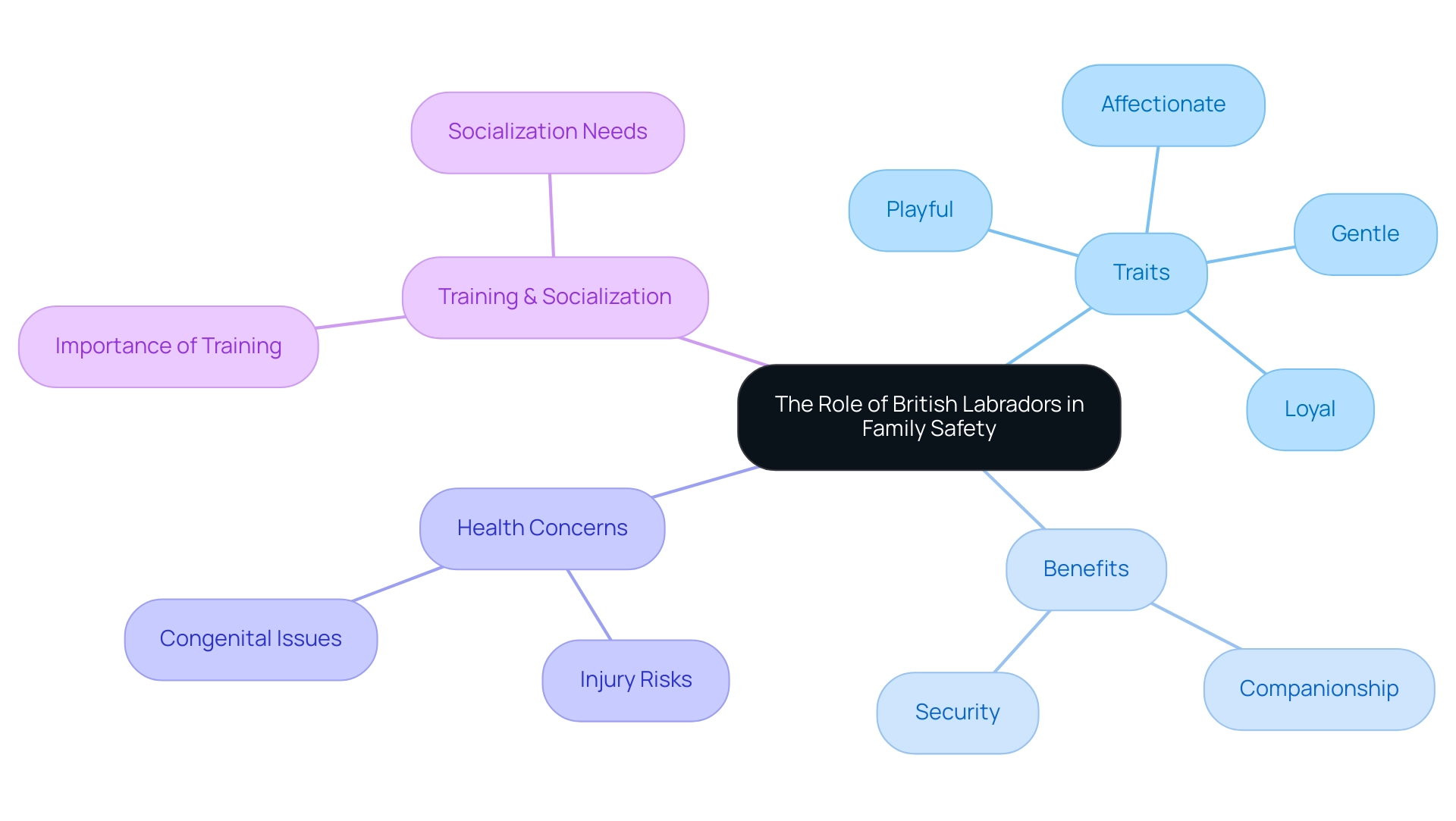 The central node represents British Labradors, with branches indicating their traits, benefits, health concerns, and training needs, each color-coded for easy identification.