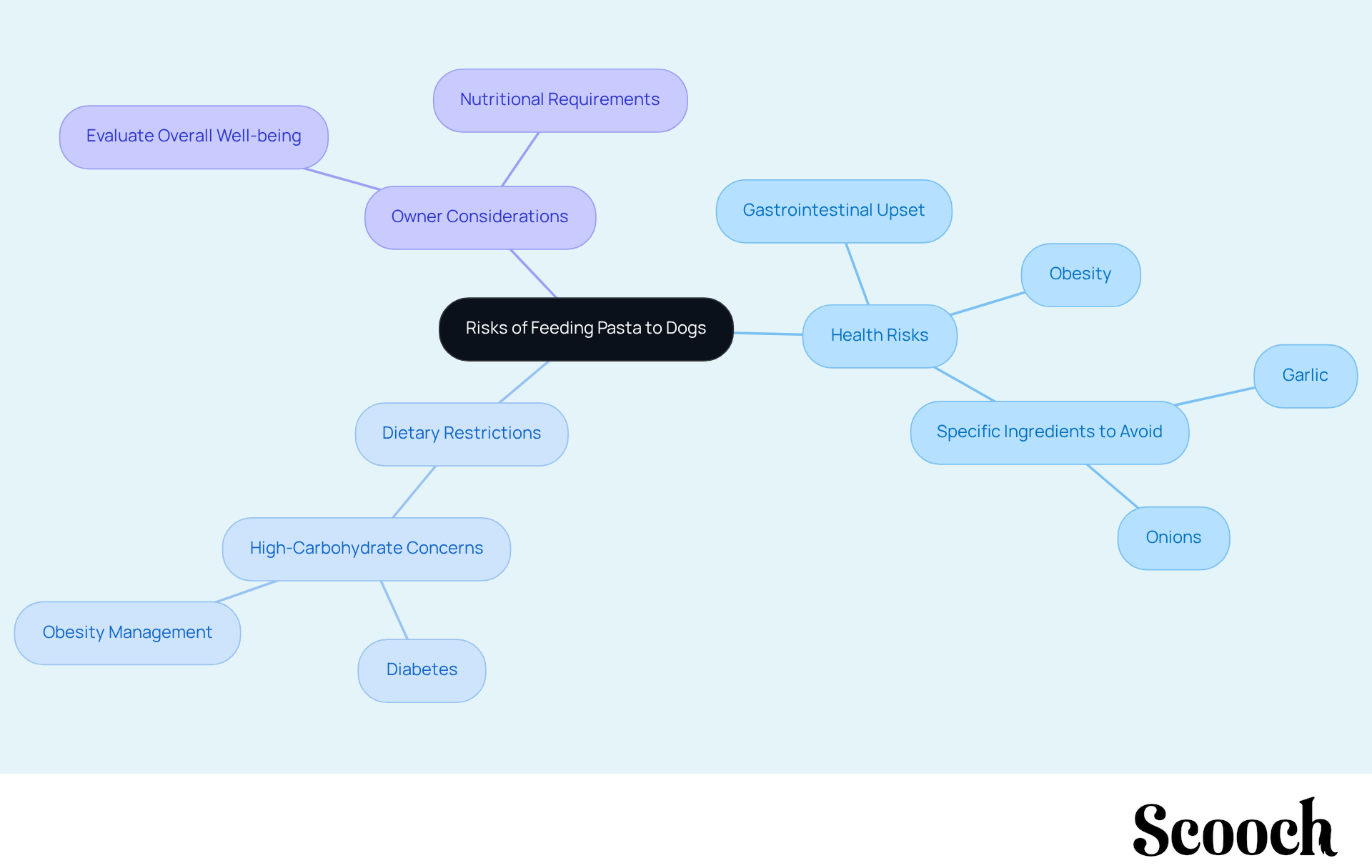 The central idea is about feeding pasta to dogs, and the branches indicate the risks and considerations. Each risk or consideration can be explored further by following the branches.