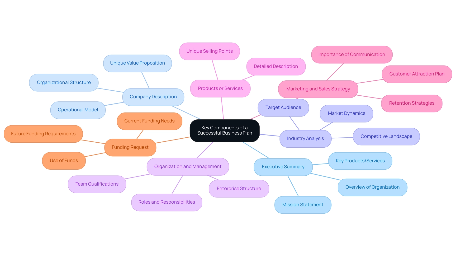 Each branch represents a key component of the business plan, with colors distinguishing the sections.