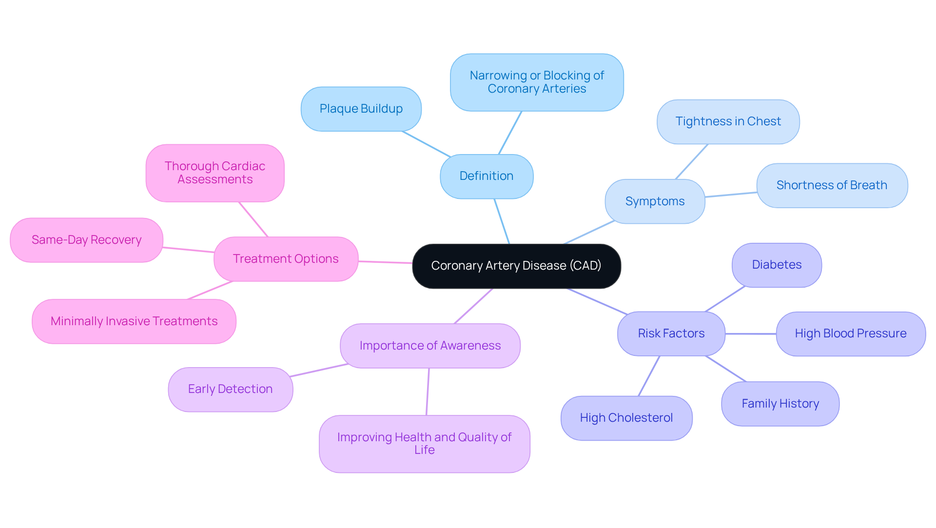 This mindmap starts with CAD at the center and branches out to show its definition, symptoms, risk factors, and treatment options. Each branch helps you see how different aspects of CAD are connected, making it easier to understand this important health issue.