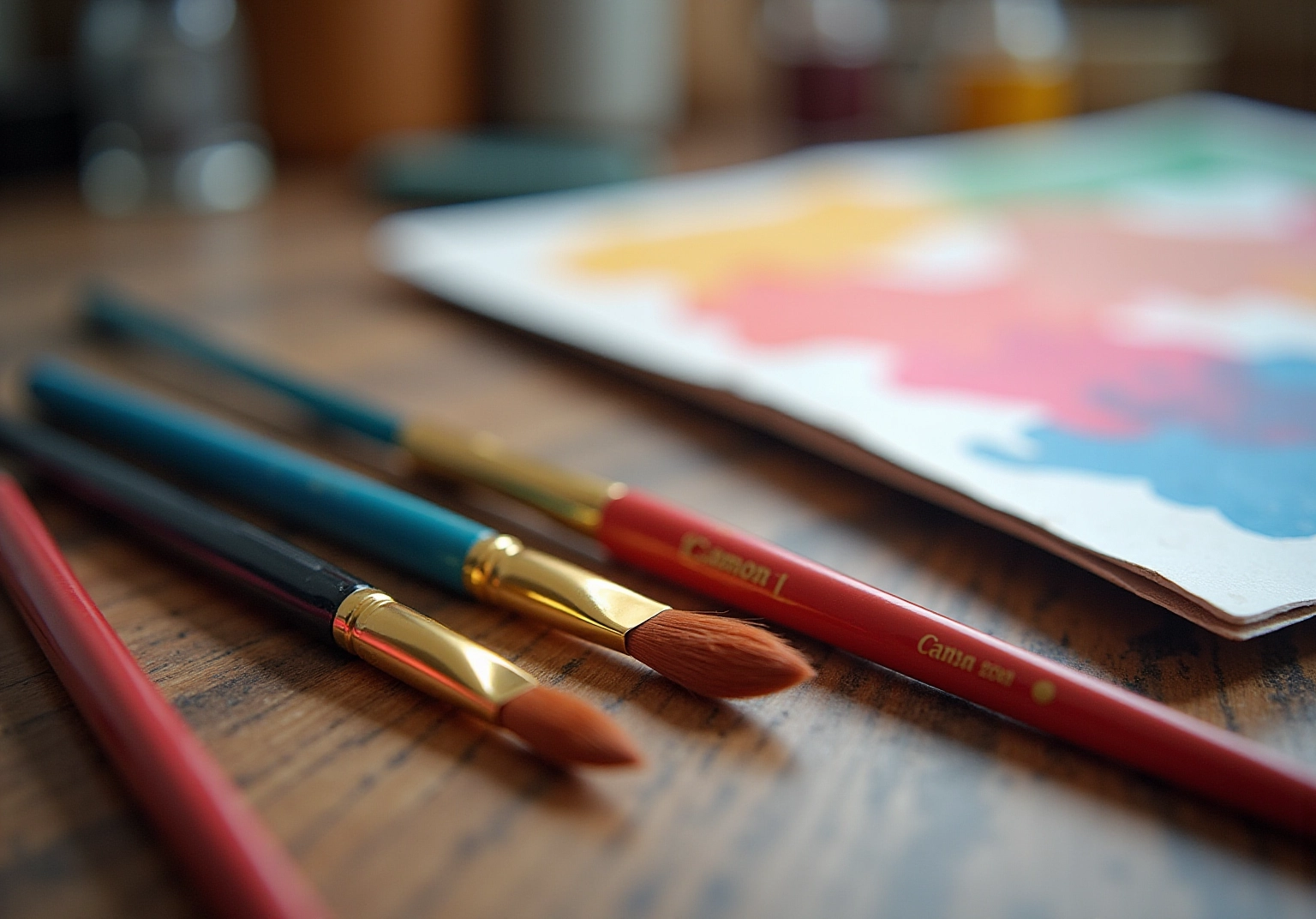Natural Hair Watercolor Brushes in an Artistic Workspace Natural Hair Watercolor Brushes in an Artistic Workspace