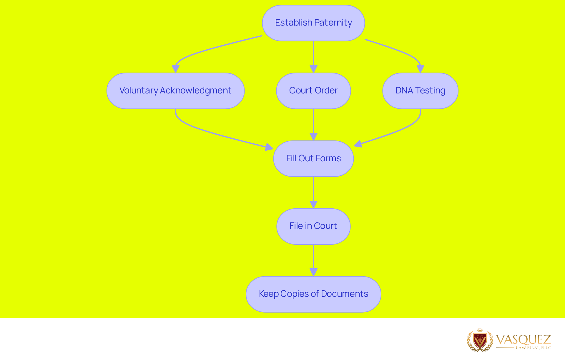 This flowchart guides you through the process of establishing paternity. Start at the top and follow the arrows to see your options and the steps you need to take for each method.