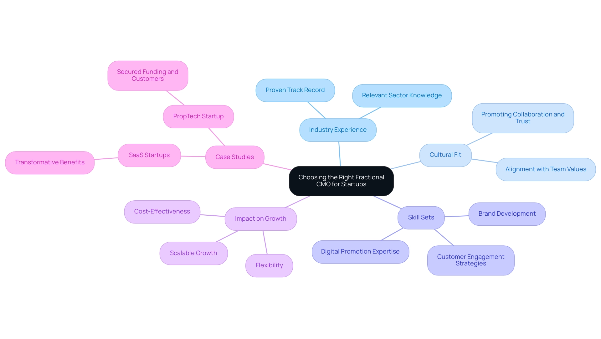 Main branches represent key factors in choosing a fractional CMO; sub-branches detail specific considerations related to each factor.