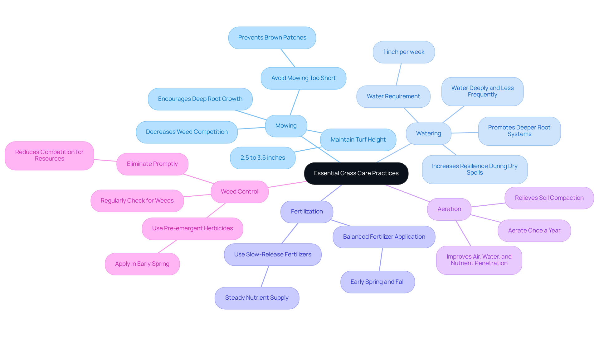 The center represents the overall goal of maintaining a healthy lawn, while each branch shows a specific practice. Follow the branches to see detailed tips for each practice, helping you keep your lawn in top shape.
