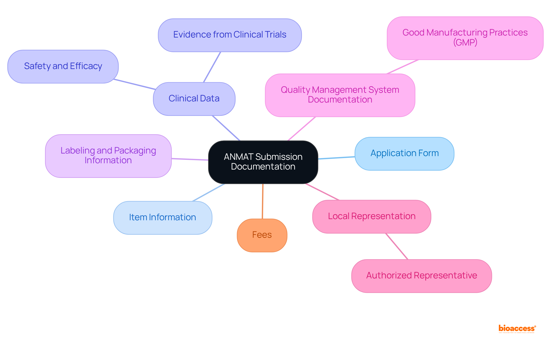 The center shows the main theme of required documentation, while each branch represents a specific document needed for submission. The clearer and more organized the information is, the easier it is to follow for compliance.