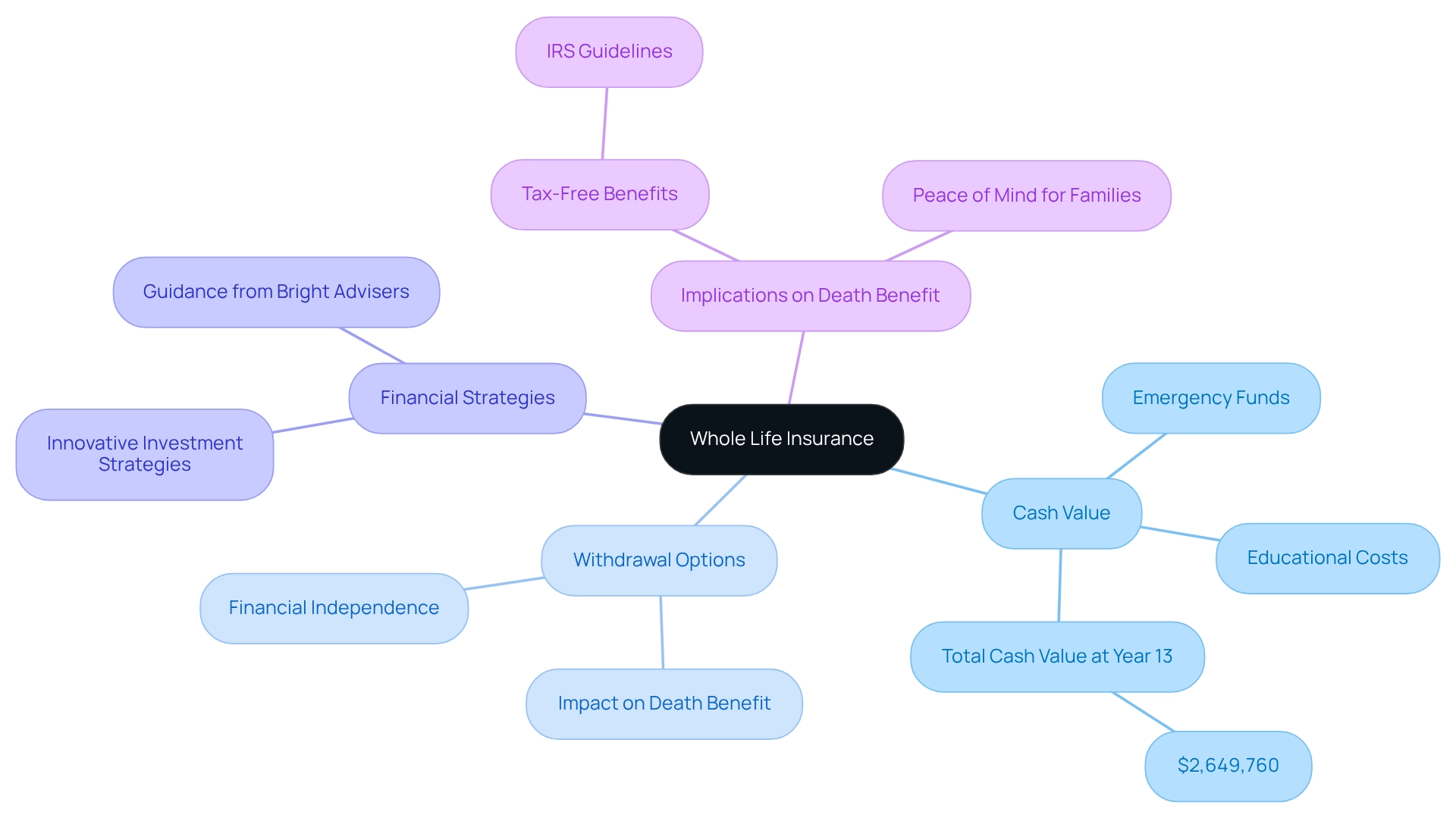The center represents whole life insurance, with branches showing key areas of focus. Each sub-node highlights specific considerations, helping families navigate their financial planning effectively. The center represents whole life insurance, with branches showing key areas of focus. Each sub-node highlights specific considerations, helping families navigate their financial planning effectively.