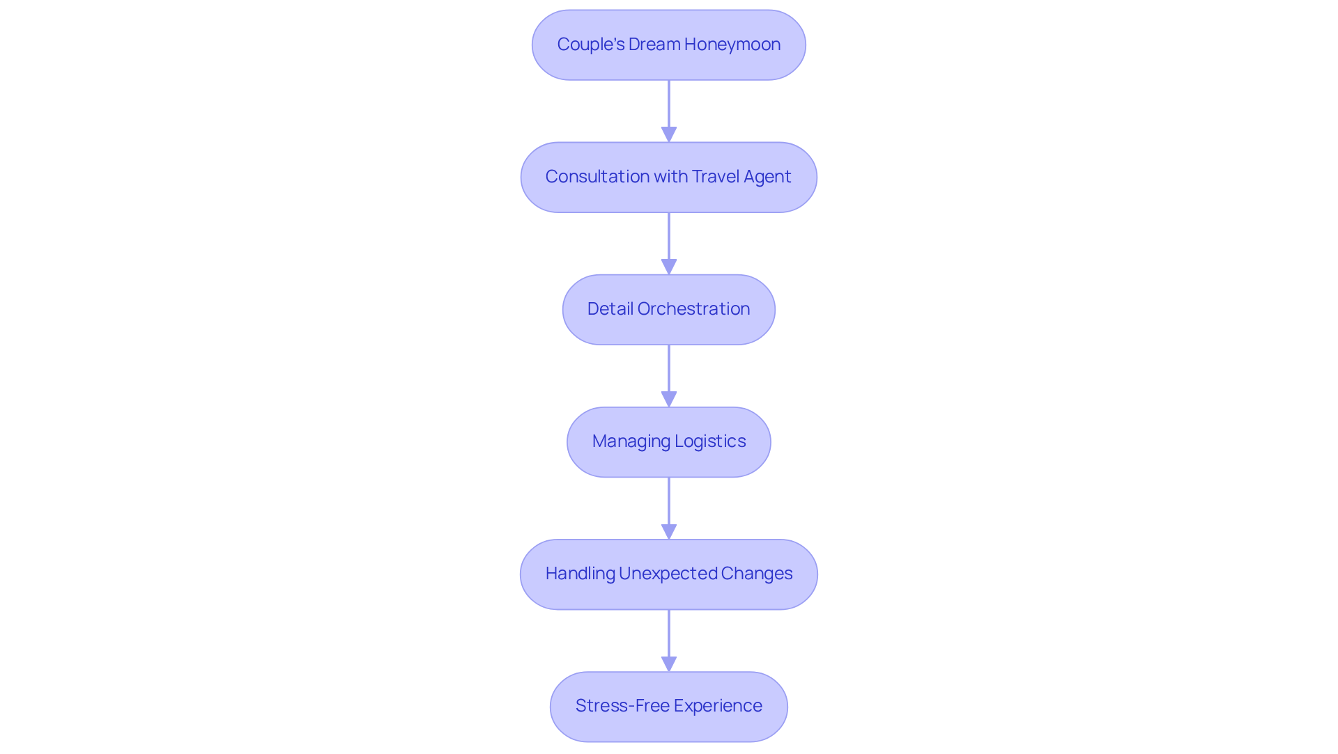 This flowchart illustrates how a couple's dream honeymoon is transformed into reality by a luxury travel agency. Each step shows how the agency supports the couple, from initial consultation to managing unexpected changes, ensuring a stress-free experience.