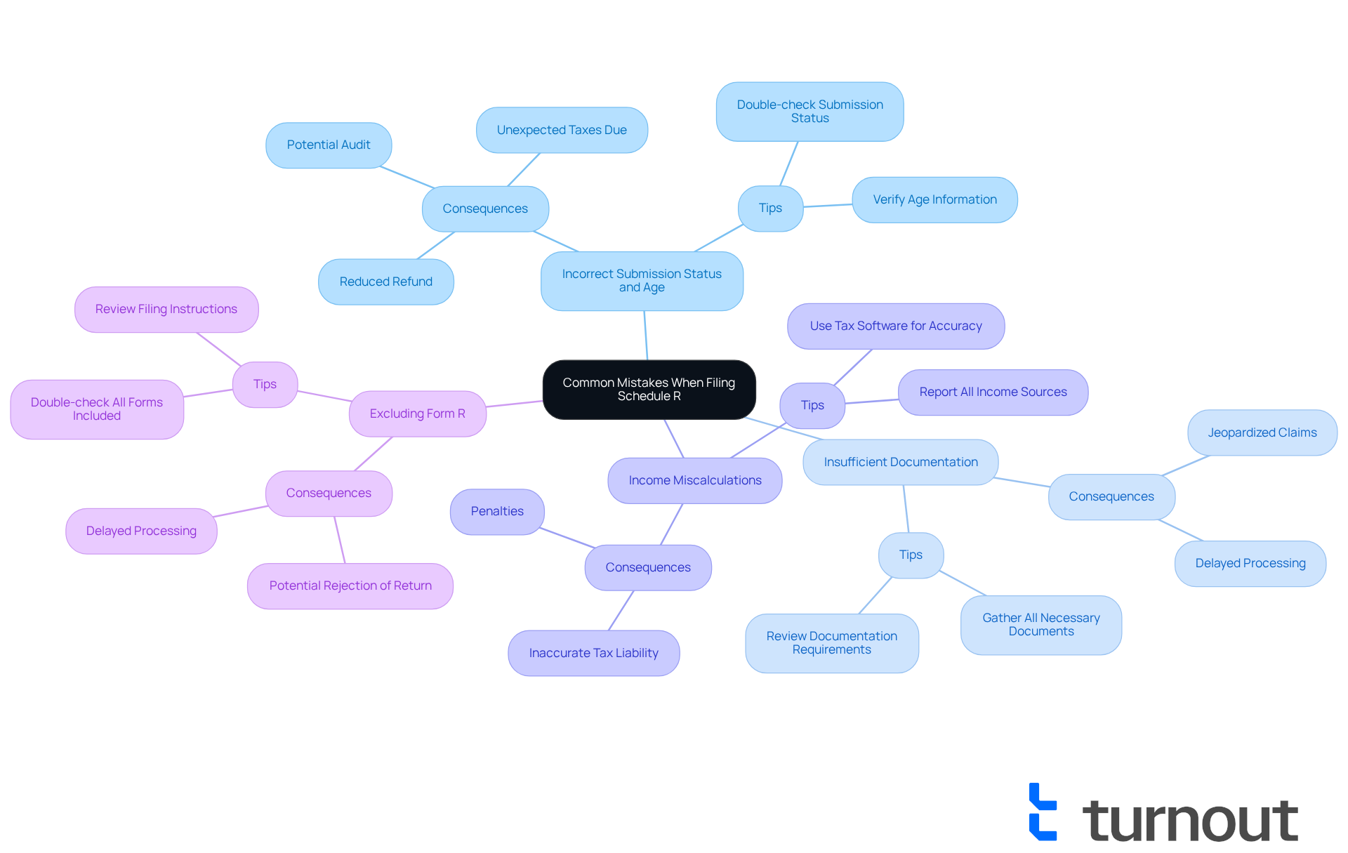 The central node represents the main topic, while each branch highlights a specific mistake. Each sub-branch provides additional information or consequences, making it easy to see what to watch out for when filing.