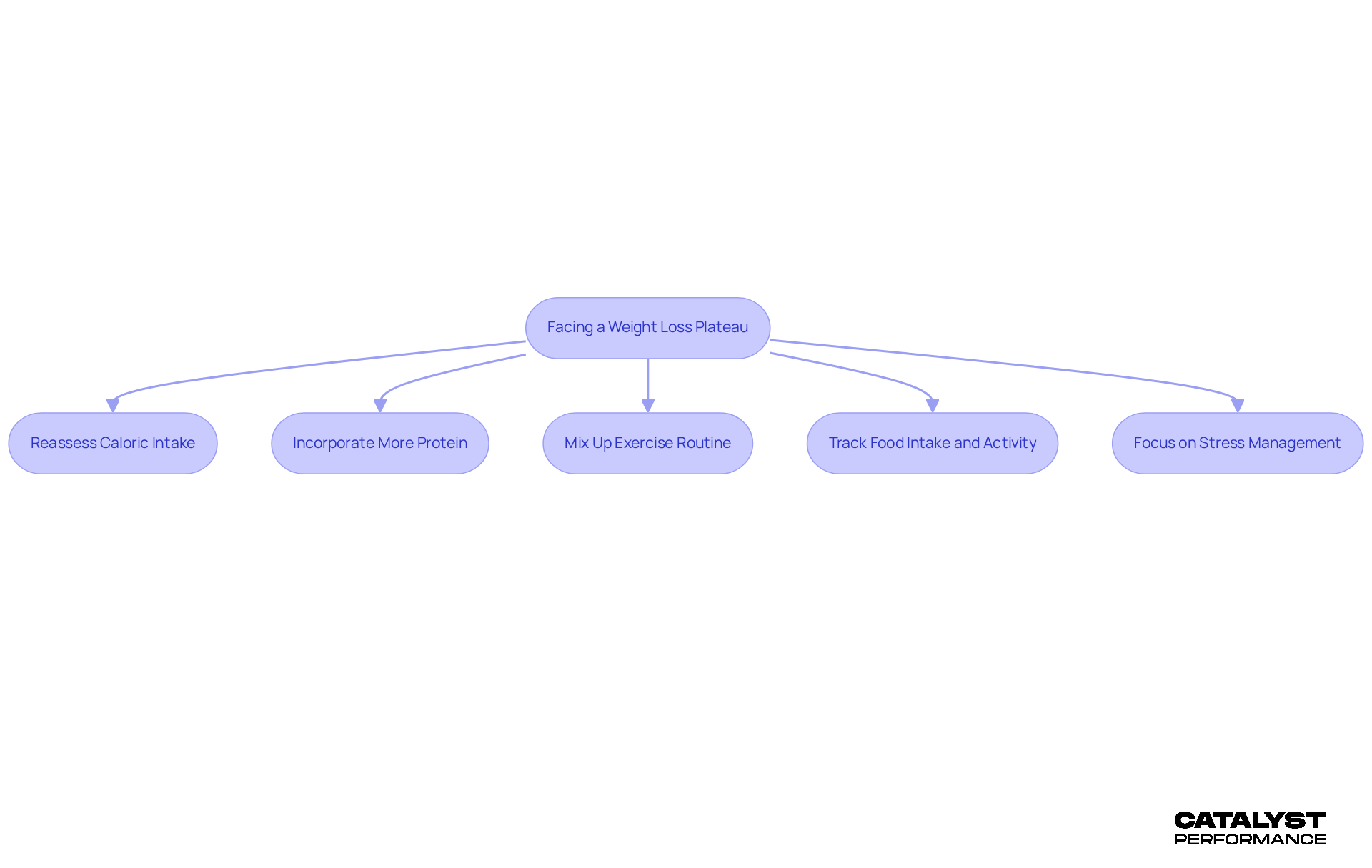 Each box represents a strategy to help you break through weight loss plateaus. Follow the arrows to see the recommended steps you can take on your journey to better health.