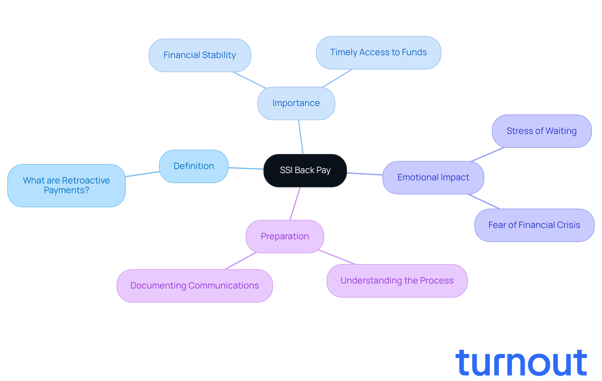The central node represents SSI back pay, and the branches show different aspects of it. Each branch helps you understand why these payments matter and how they can affect your life.