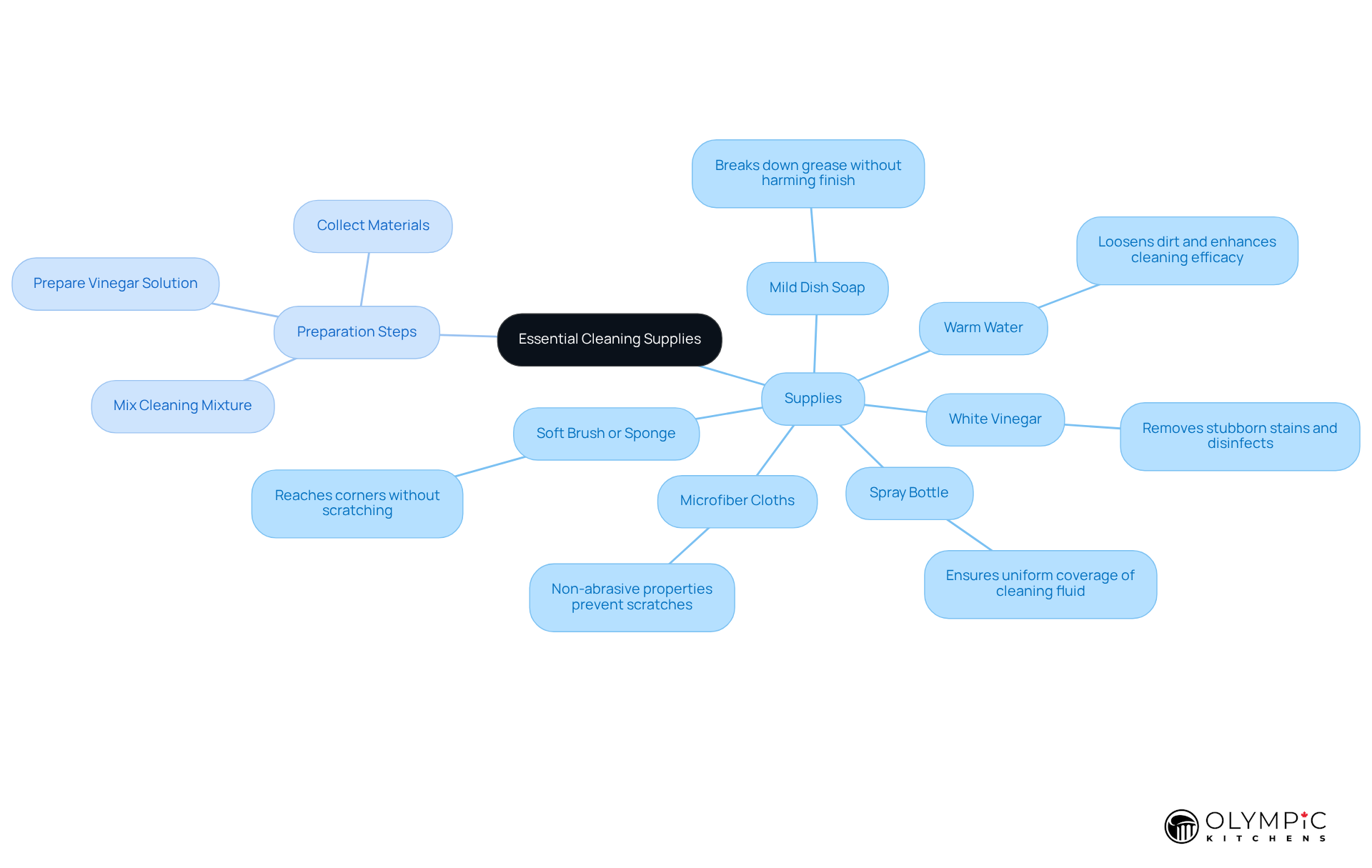The center shows the main topic, with branches for supplies and preparation steps. Each supply has a note on its purpose, and the steps guide you through the cleaning process.