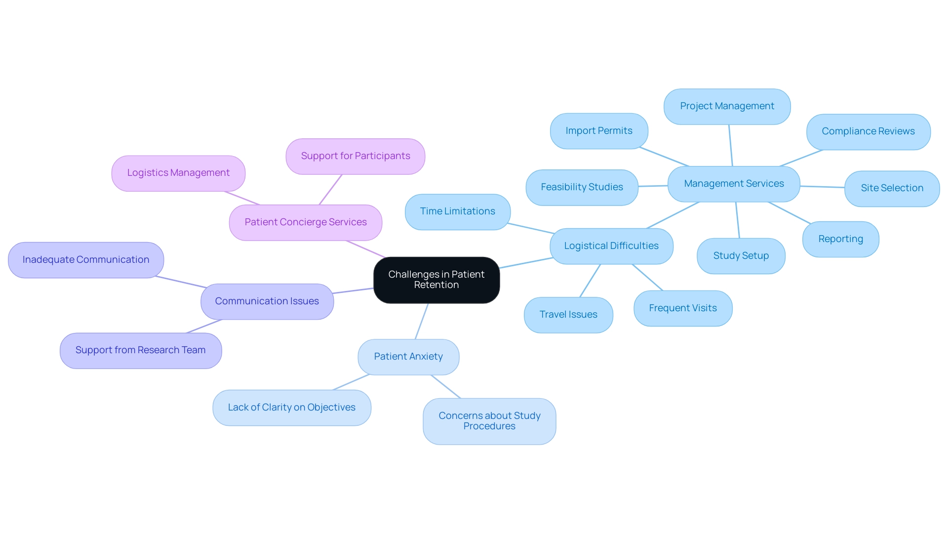 The central node represents the overarching issue of patient retention, with branches denoting specific challenges and their corresponding management services.