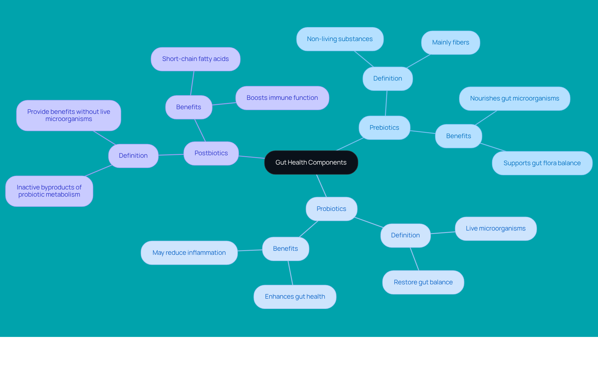 The central node represents gut health components, while the branches show the differences and benefits of each type. Follow the branches to learn how each component supports your well-being.