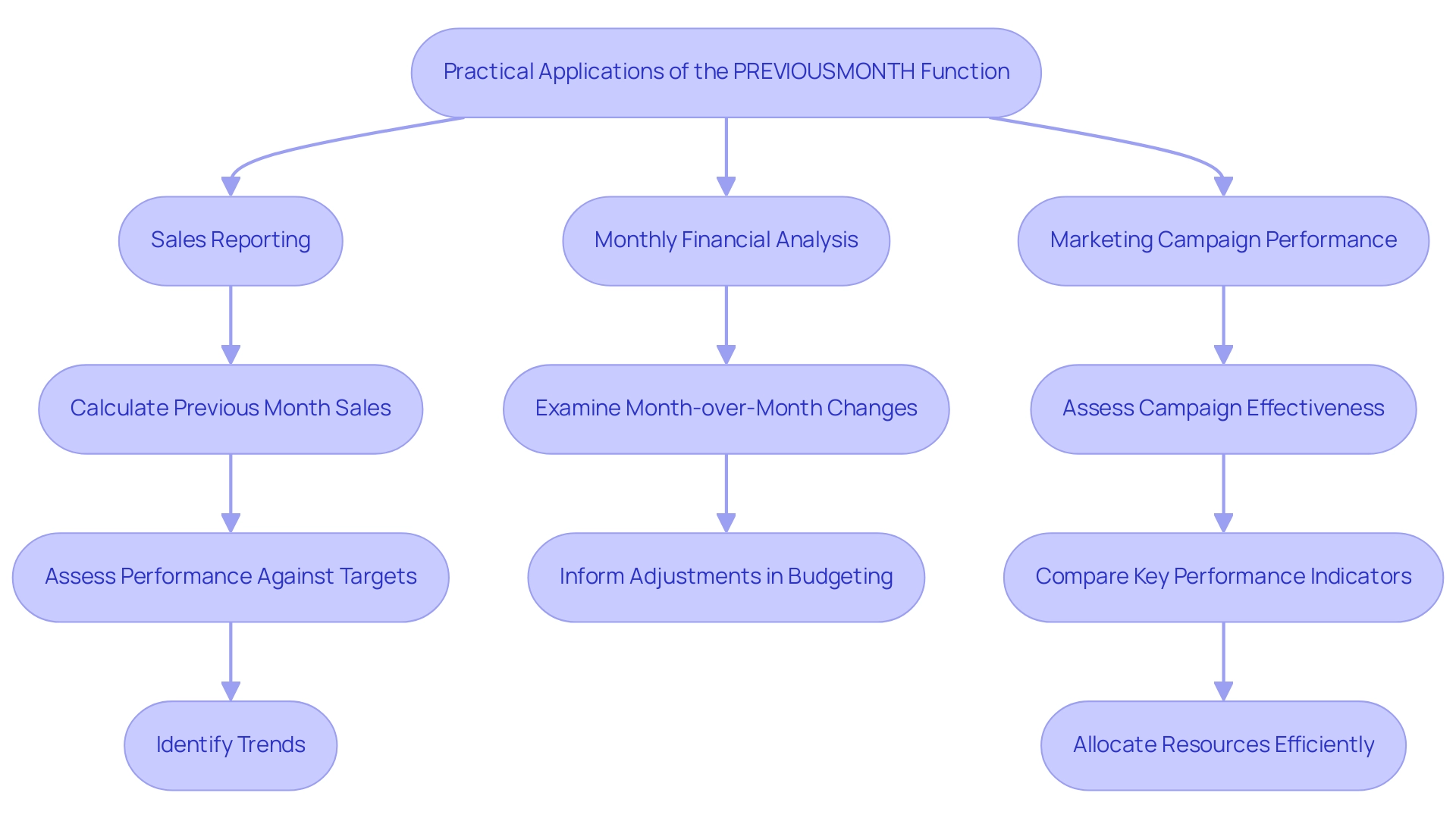 Each branch represents a distinct application of the PREVIOUSMONTH function, with steps outlined in boxes and arrows indicating the process flow.