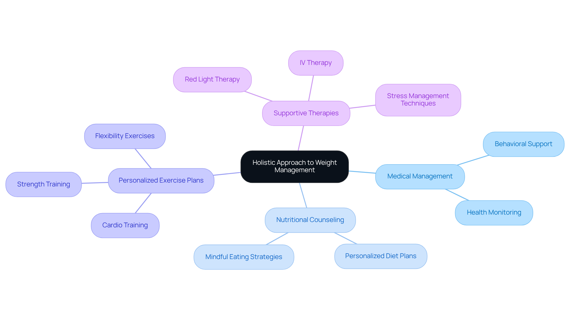 This mindmap illustrates how various services come together to support weight management. Start at the center with the holistic approach, then explore each branch to see the specific services offered and how they contribute to a successful weight loss journey.