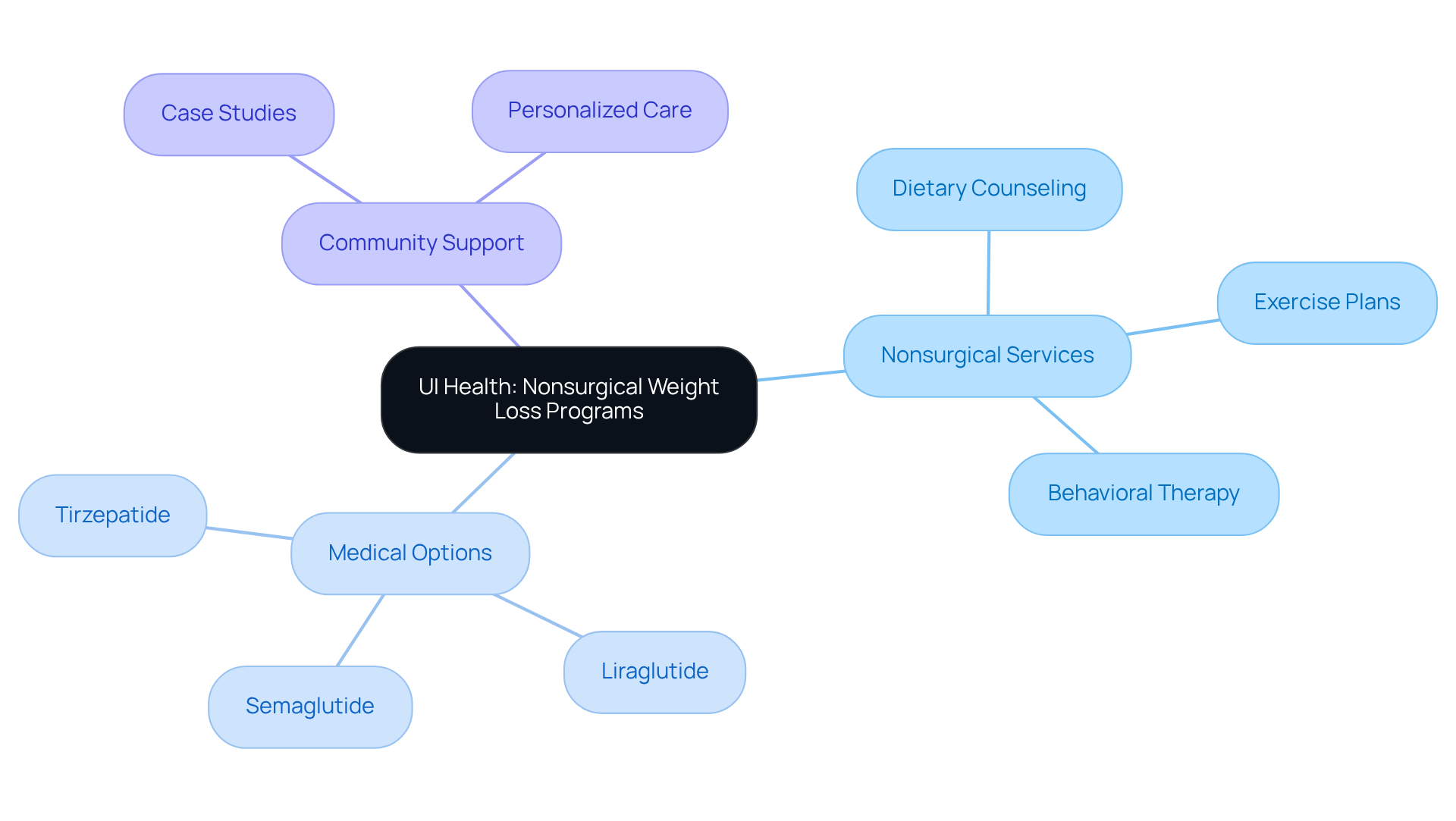 This mindmap shows the various components of UI Health's nonsurgical weight loss programs. Start at the center with the main theme, then follow the branches to see the different services, medical options, and community support available. Each branch represents a key area of focus, helping you understand how these elements work together to support your health journey. This mindmap shows the various components of UI Health's nonsurgical weight loss programs. Start at the center with the main theme, then follow the branches to see the different services, medical options, and community support available. Each branch represents a key area of focus, helping you understand how these elements work together to support your health journey.